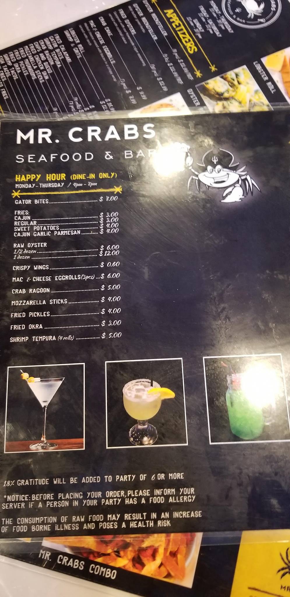Menu at MR. Crab pub & bar, Grand Prairie