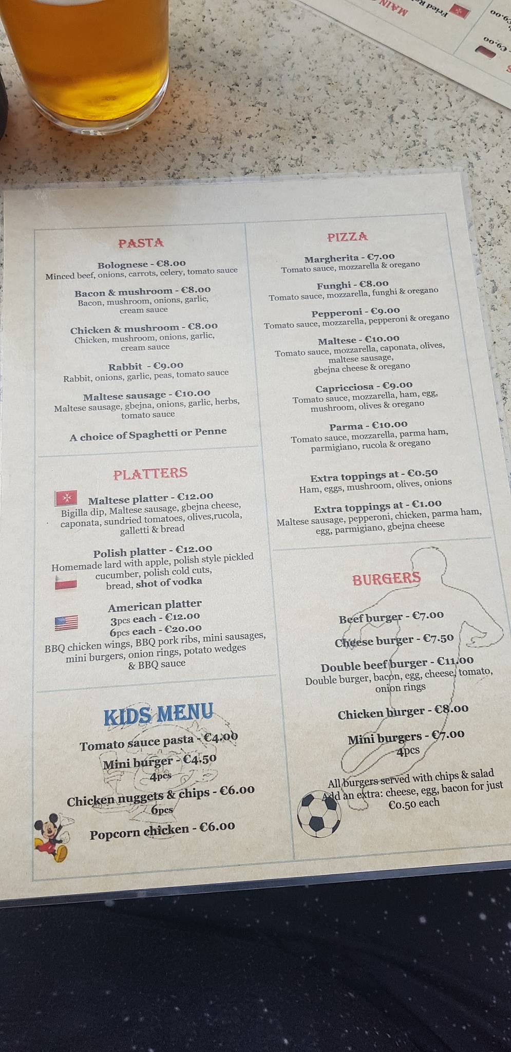 Menu at Misty Blue Sports Bar/Restaurant, Saint Paul's Bay