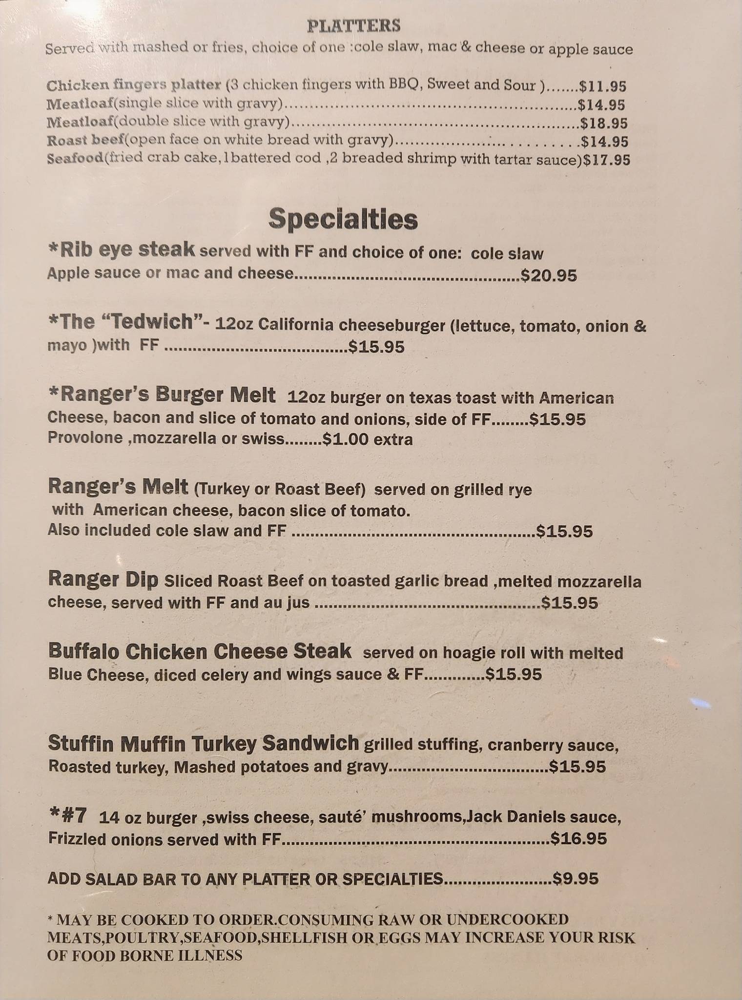 Menu at Old Rangers Inn pub & bar, USA, 905 PA-390