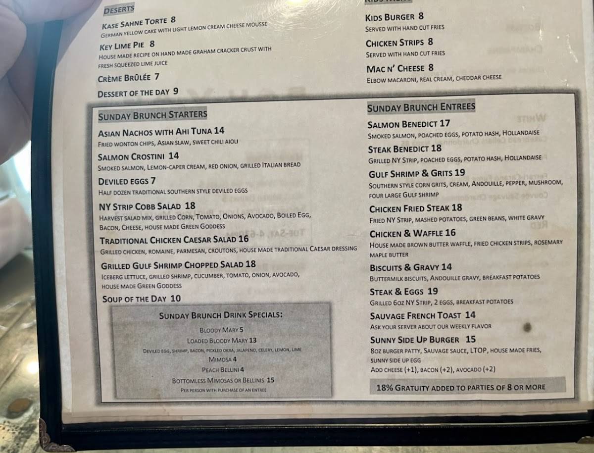 Menu at Sauvage pub & bar, Shreveport