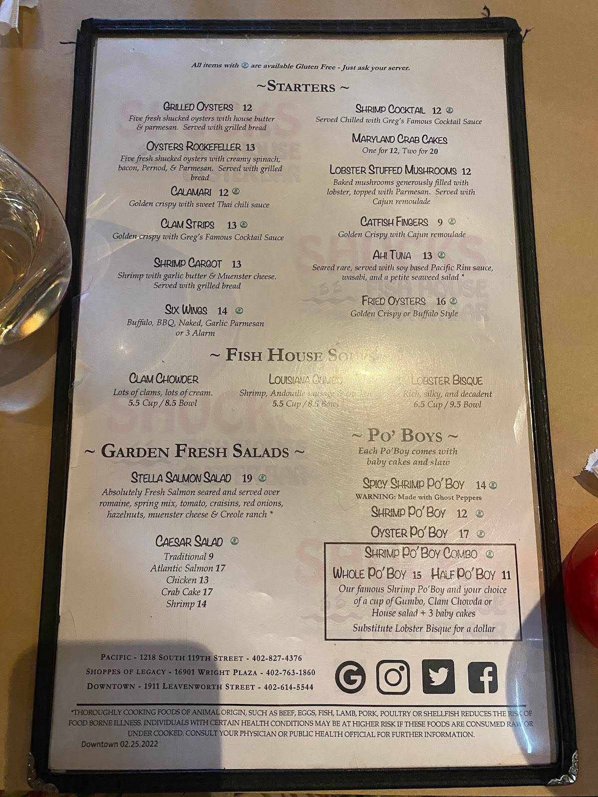 Menu at Shucks Fish House & Oyster Bar, Omaha, Leavenworth St