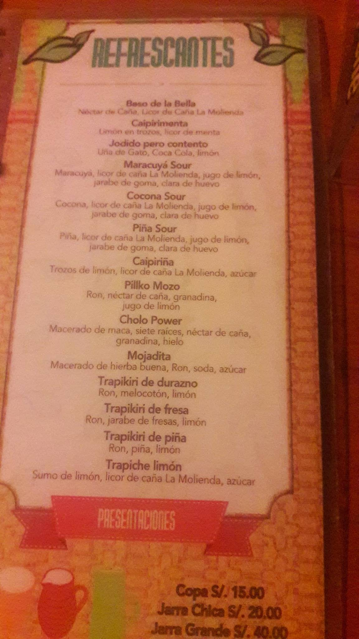 Carta de Shushupe Bar Barranco, Barranco