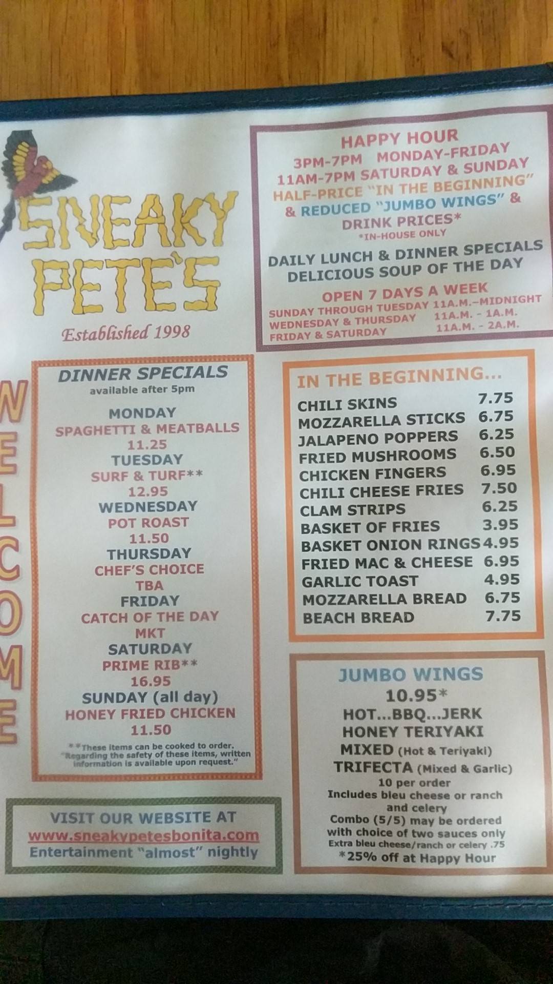 Menu at Sneaky Pete's pub & bar, Bonita Springs