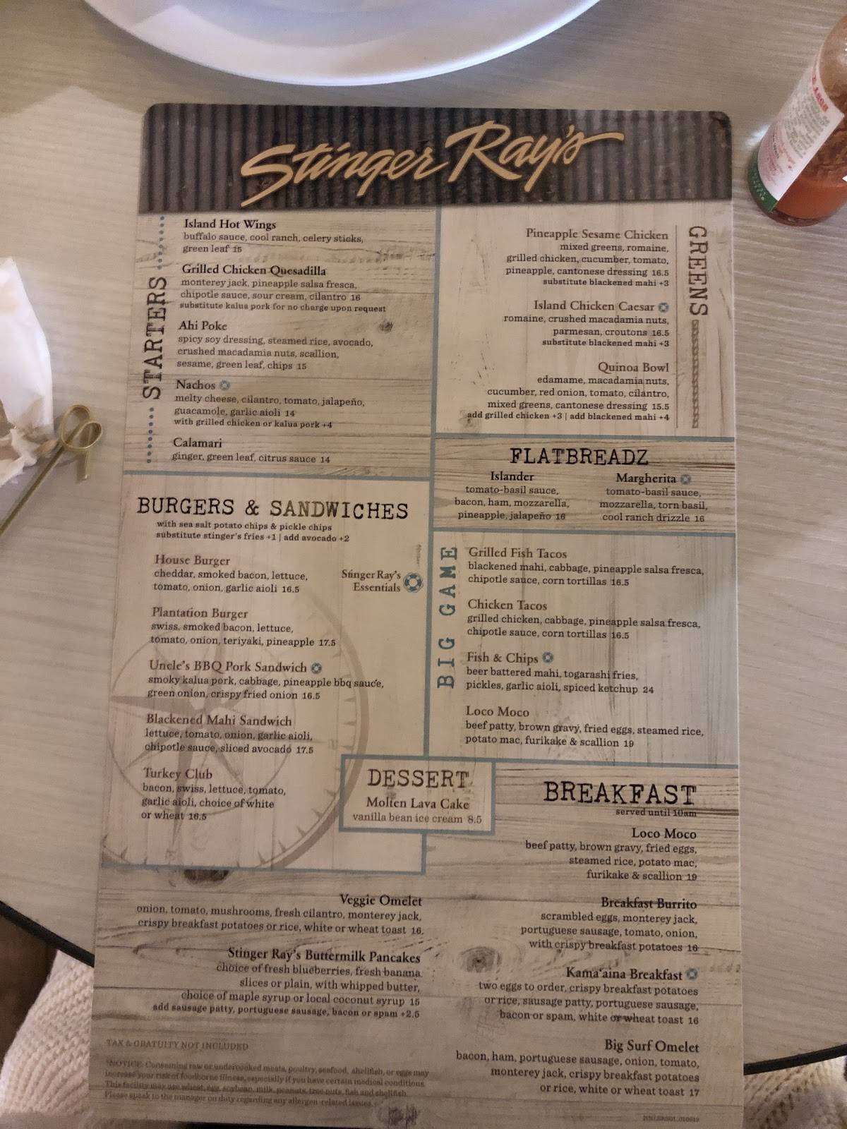 Menu at Stinger Rays Tropical Bar and Grill, Honolulu