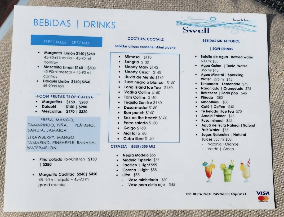 Menu at Swell Beach Bar, Puerto Vallarta