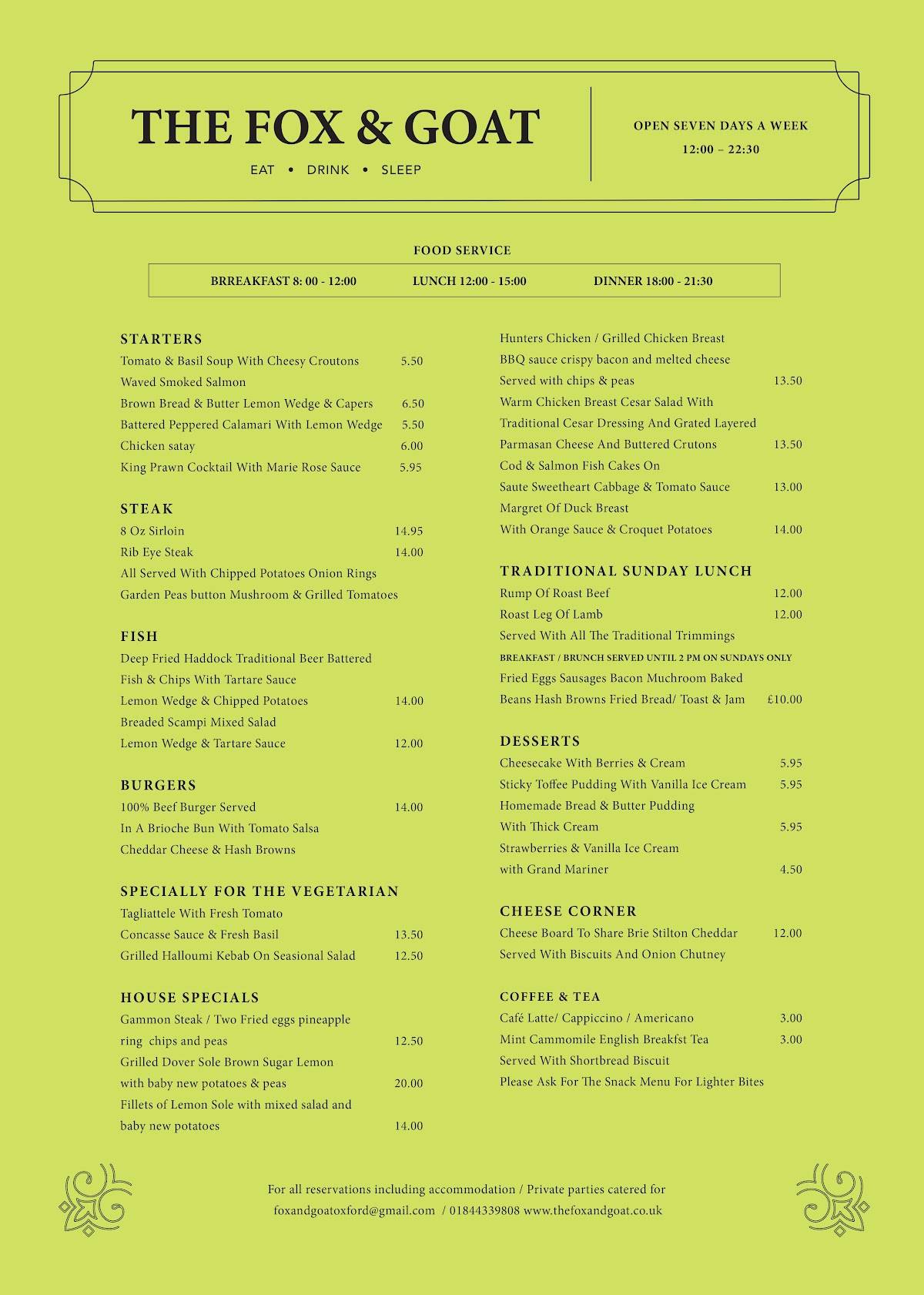 Menu at The Fox & Goat - Tiddington restaurant, Milton Common