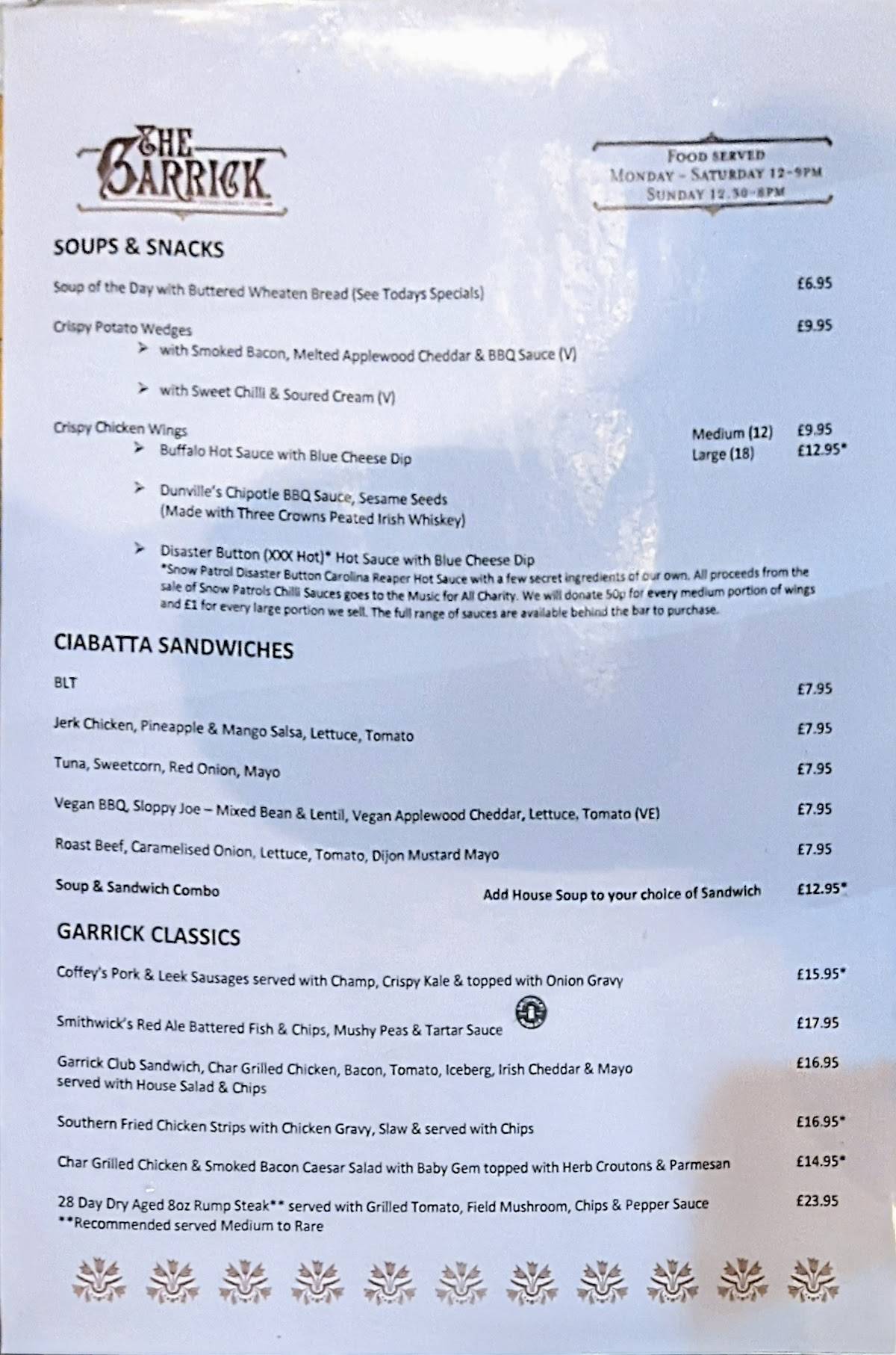 Menu at The Garrick pub & bar, Belfast, 29 Chichester St