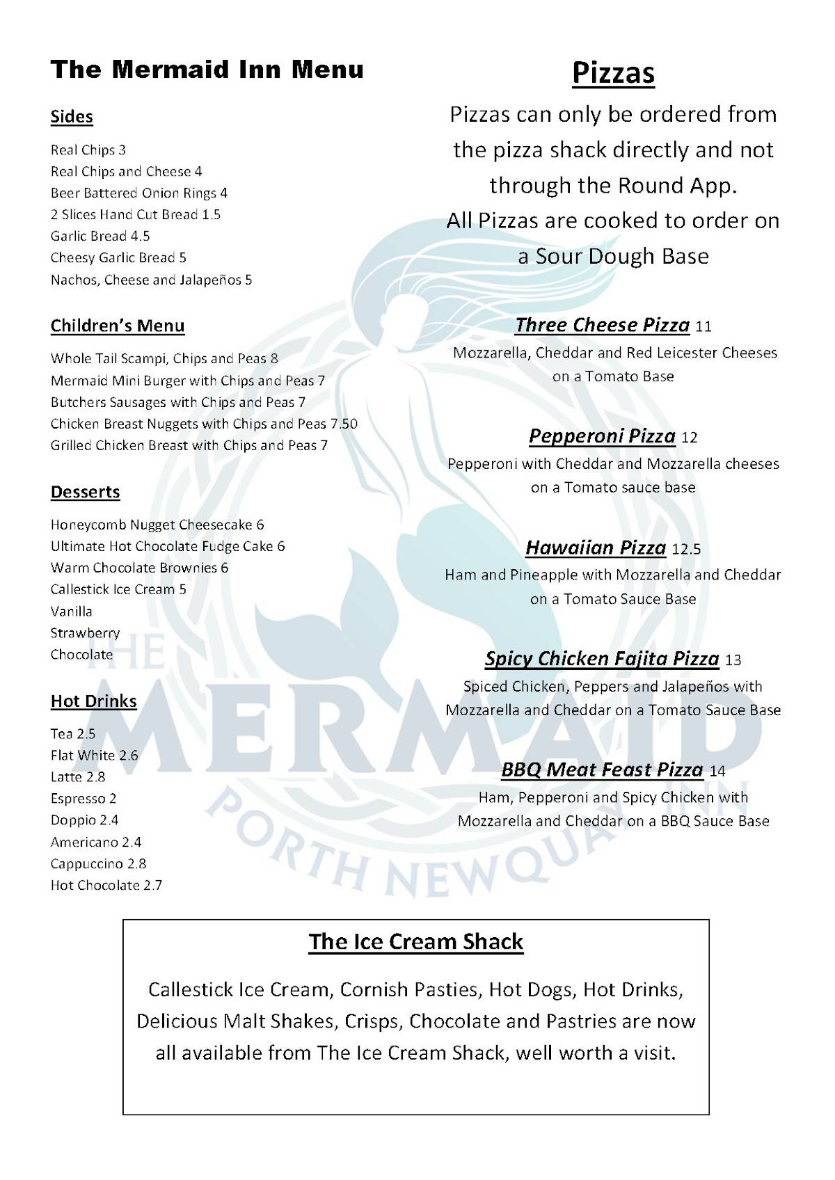 Menu at The Mermaid Inn pub & bar, Newquay