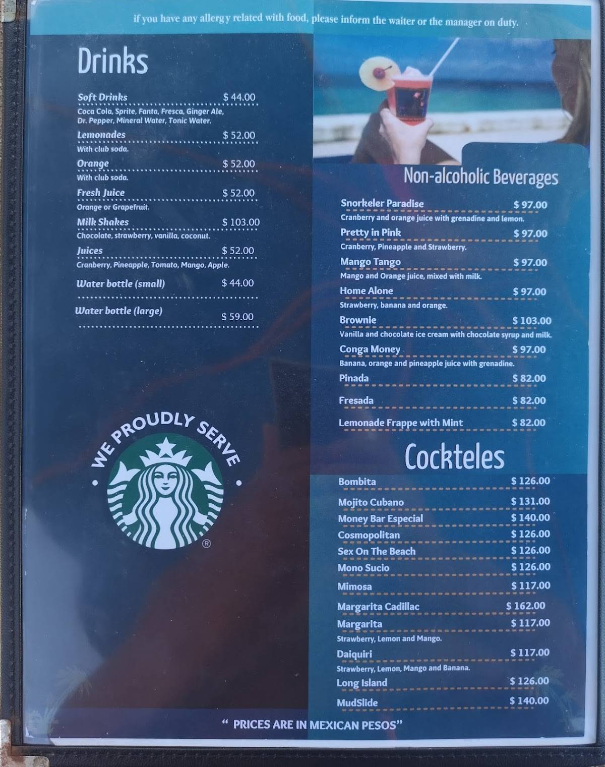 Menu at The Money Bar Beach Club, San Miguel de Cozumel, The Money Bar ...