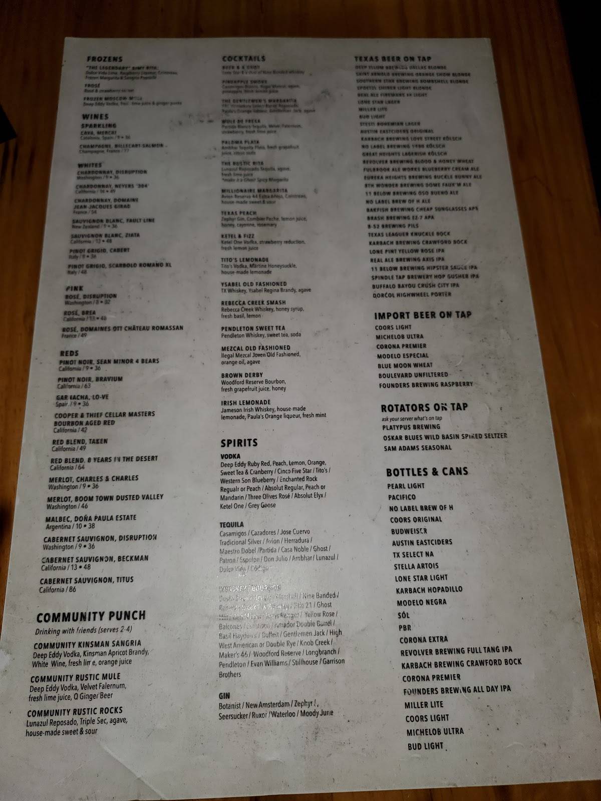 Menu at The Rustic pub & bar, Houston, Polk St
