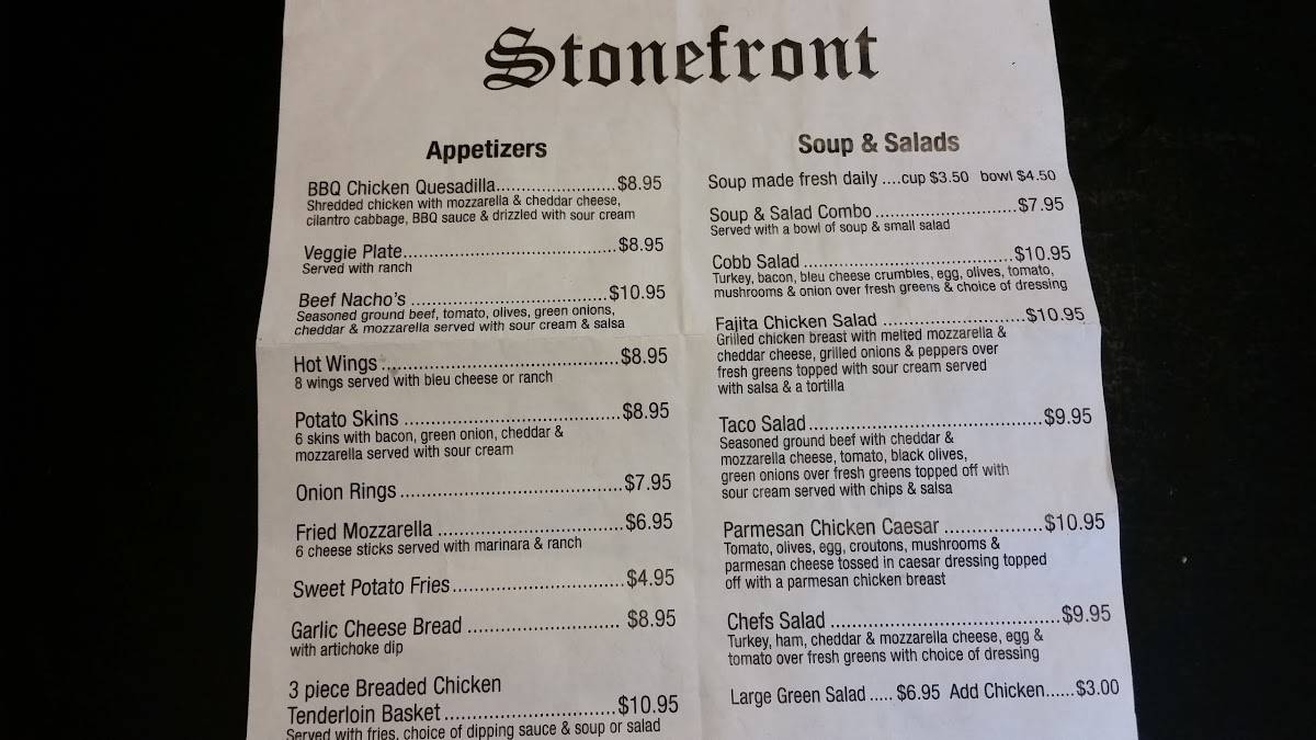 Menu at The Stonefront pub & bar, Salem