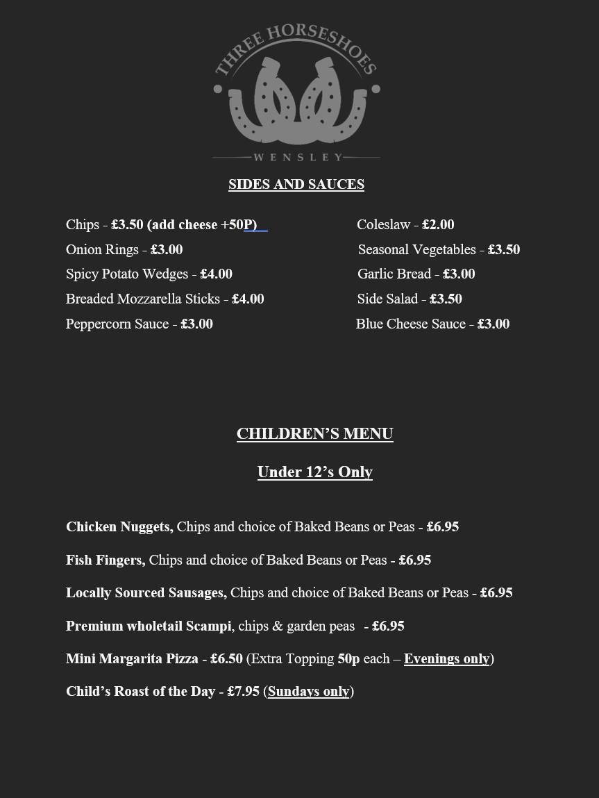 Menu at Three Horse Shoes pub & bar, Leyburn, Wensley