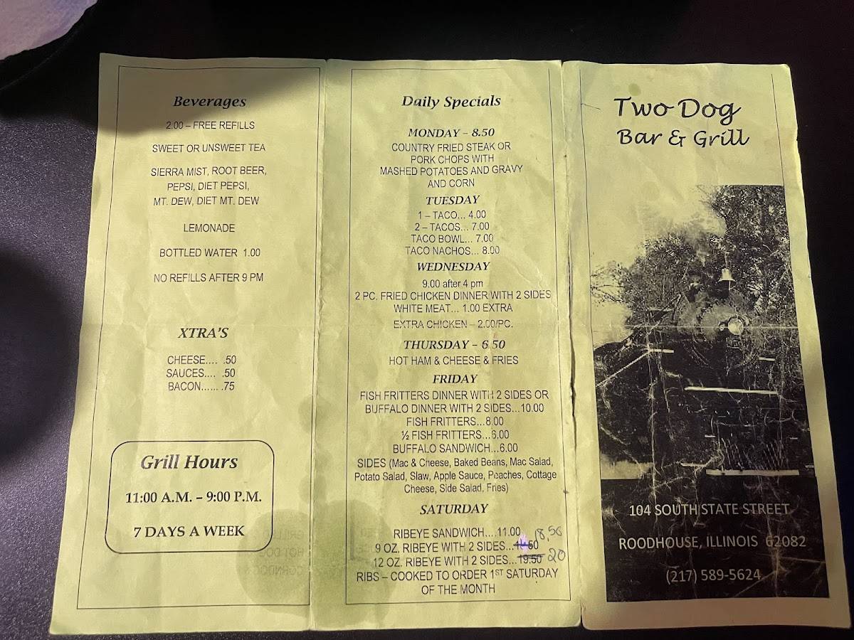 Menu at Two Dog Bar & Grill, Roodhouse, 104 S State St