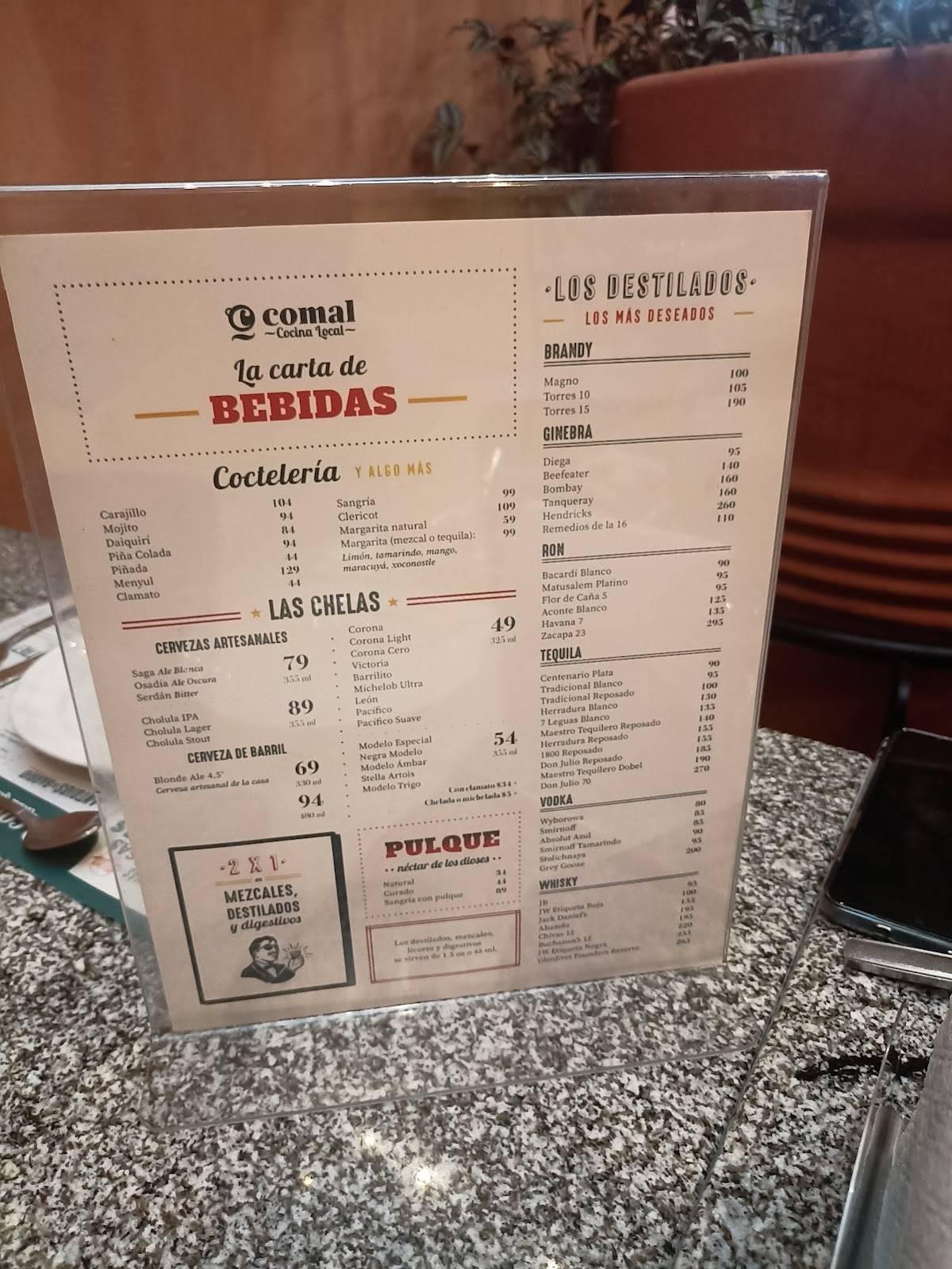 Carta del restaurante Comal, Heroica Puebla del Zaragoza