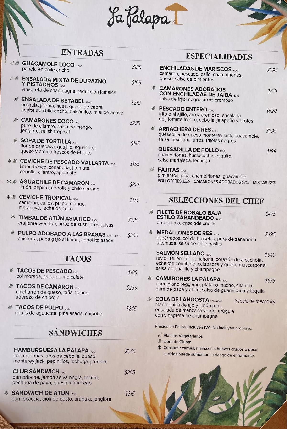 Menu at La Palapa Restaurant, Puerto Vallarta, Púlpito 105-3