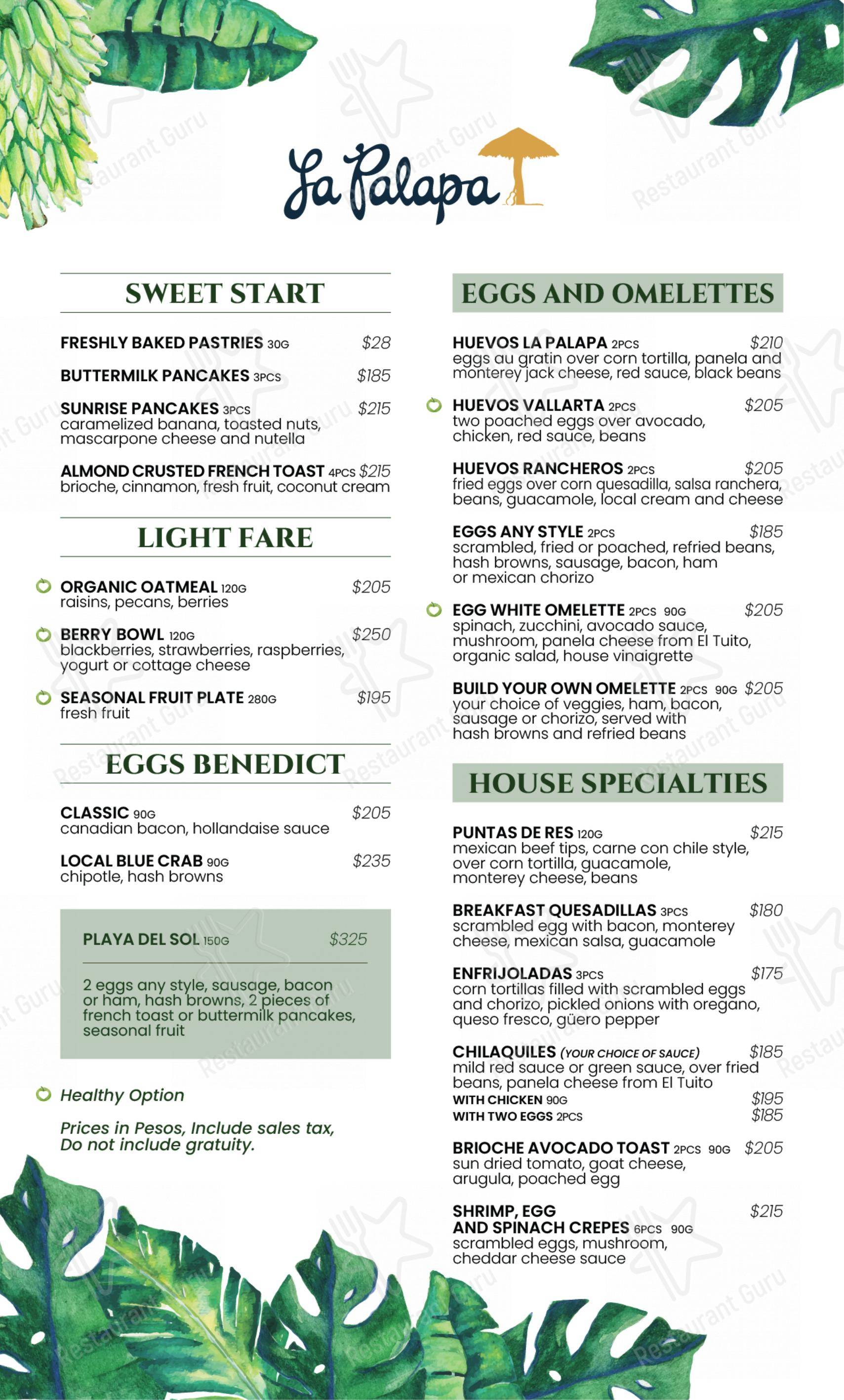 Menu at La Palapa Restaurant, Puerto Vallarta, Púlpito 105-3