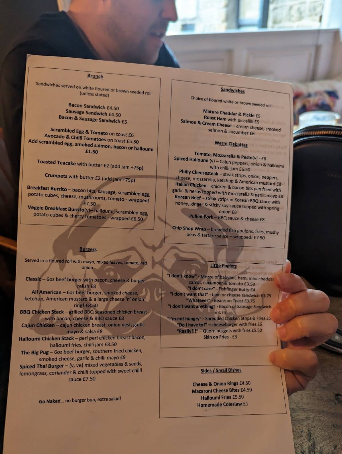 Menu at Pug and Pudding cafe, Chapel-en-le-Frith