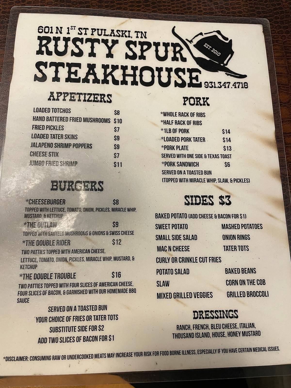 Menu at The Rusty Spur Diner steakhouse, Pulaski