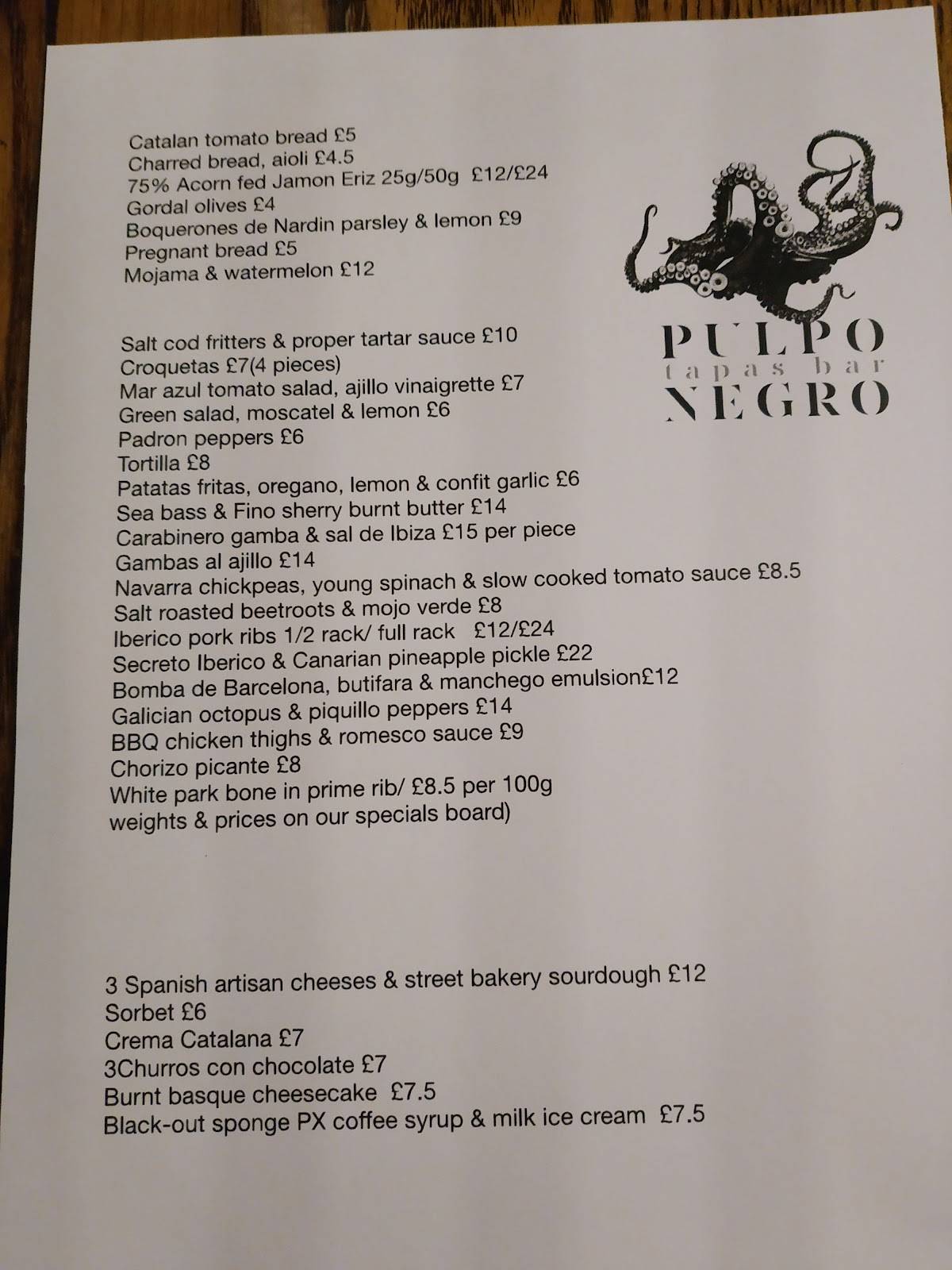 Menu at Pulpo Negro restaurant, New Alresford