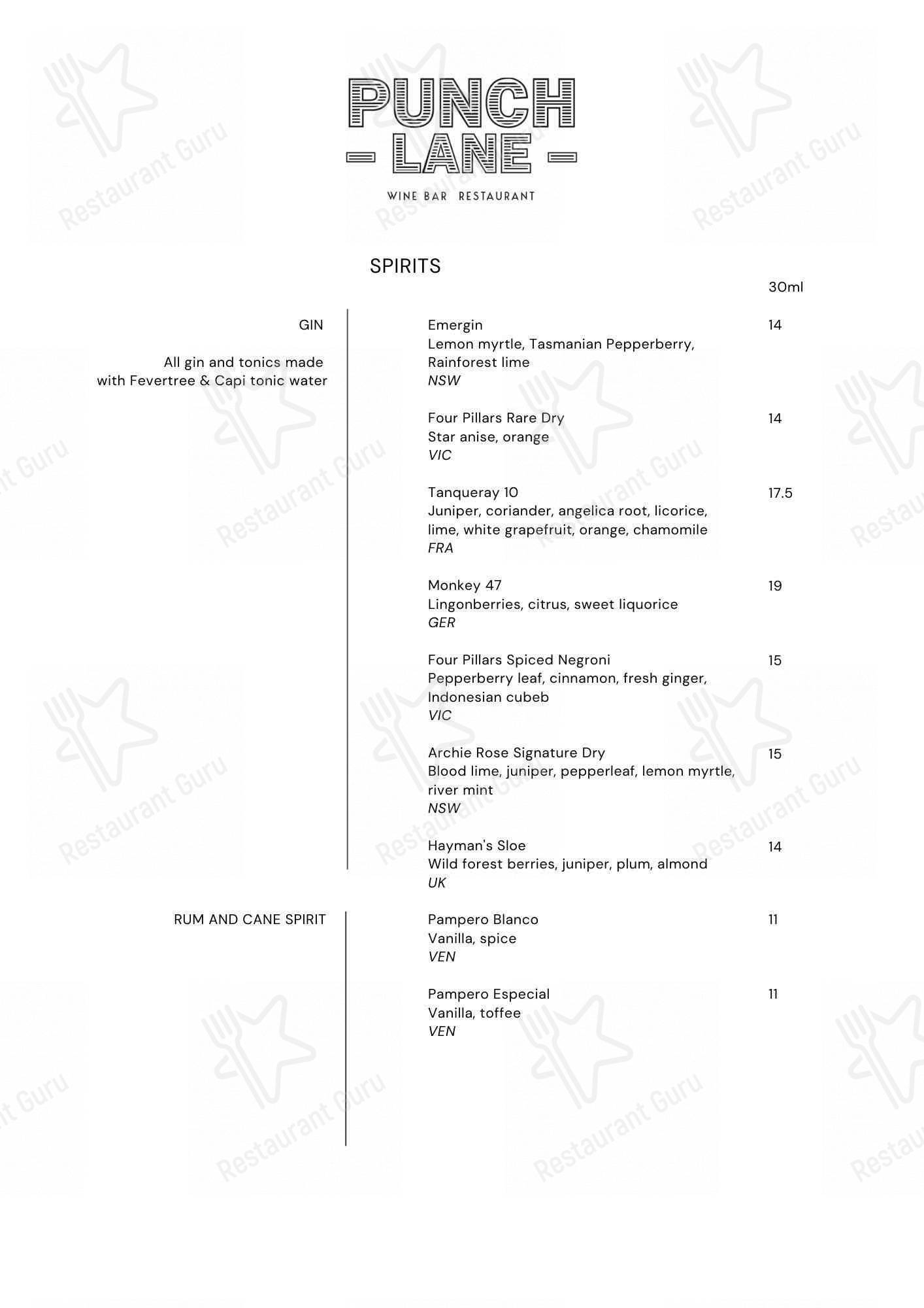 Menu at Punch Lane Wine Bar & Restaurant, Melbourne