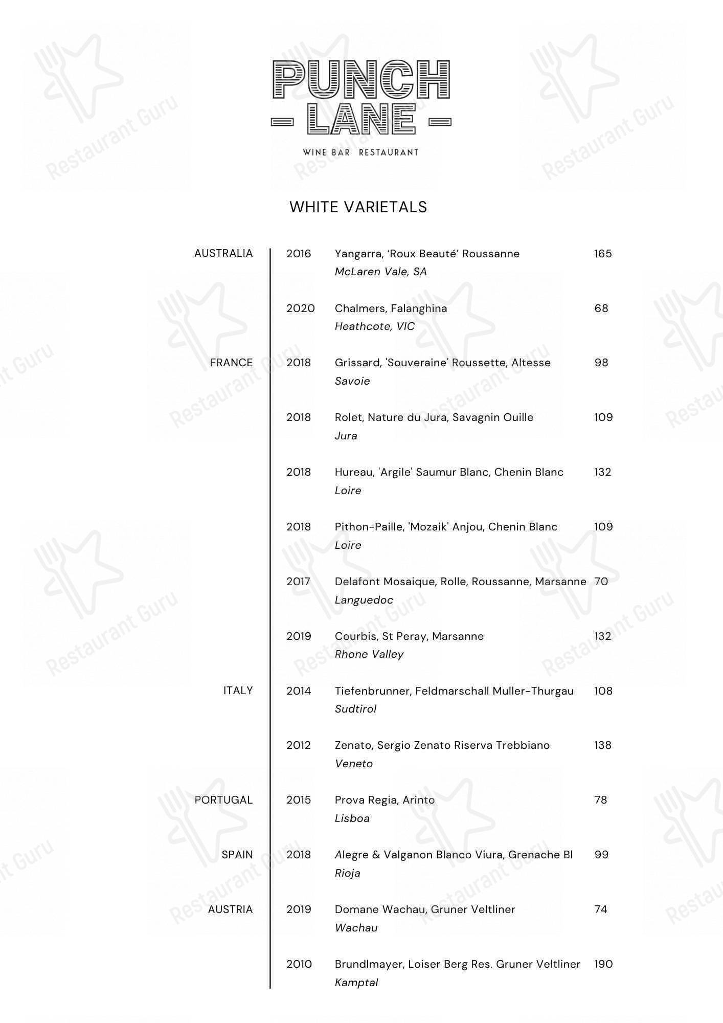 Menu at Punch Lane Wine Bar & Restaurant, Melbourne