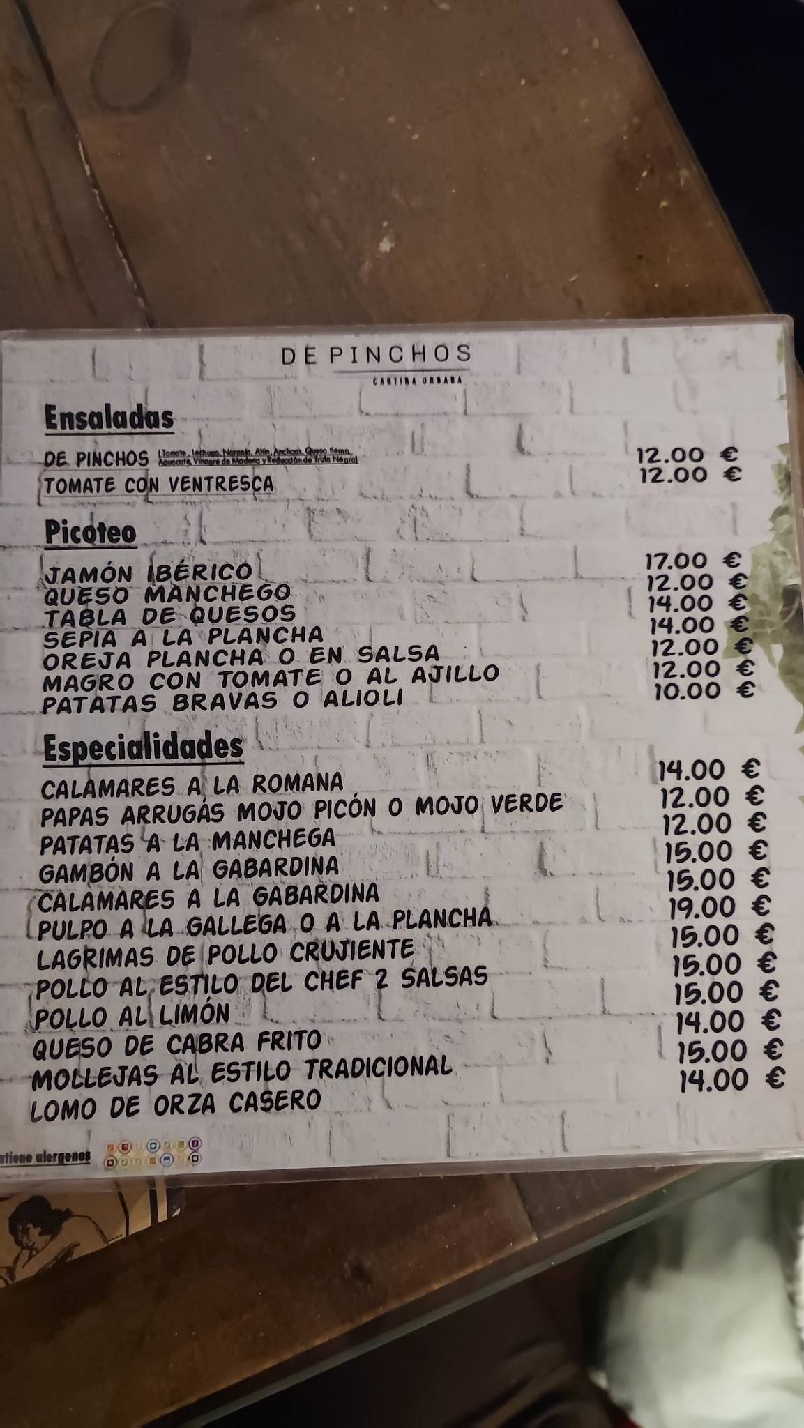 Carta del pub y bar Pureza alta taberna, Ciudad Real