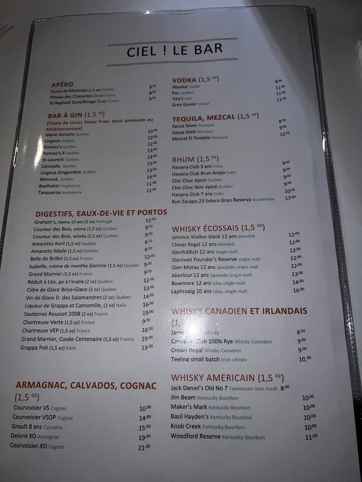 Menu au Ciel! Bistro Bar Tournant, Québec