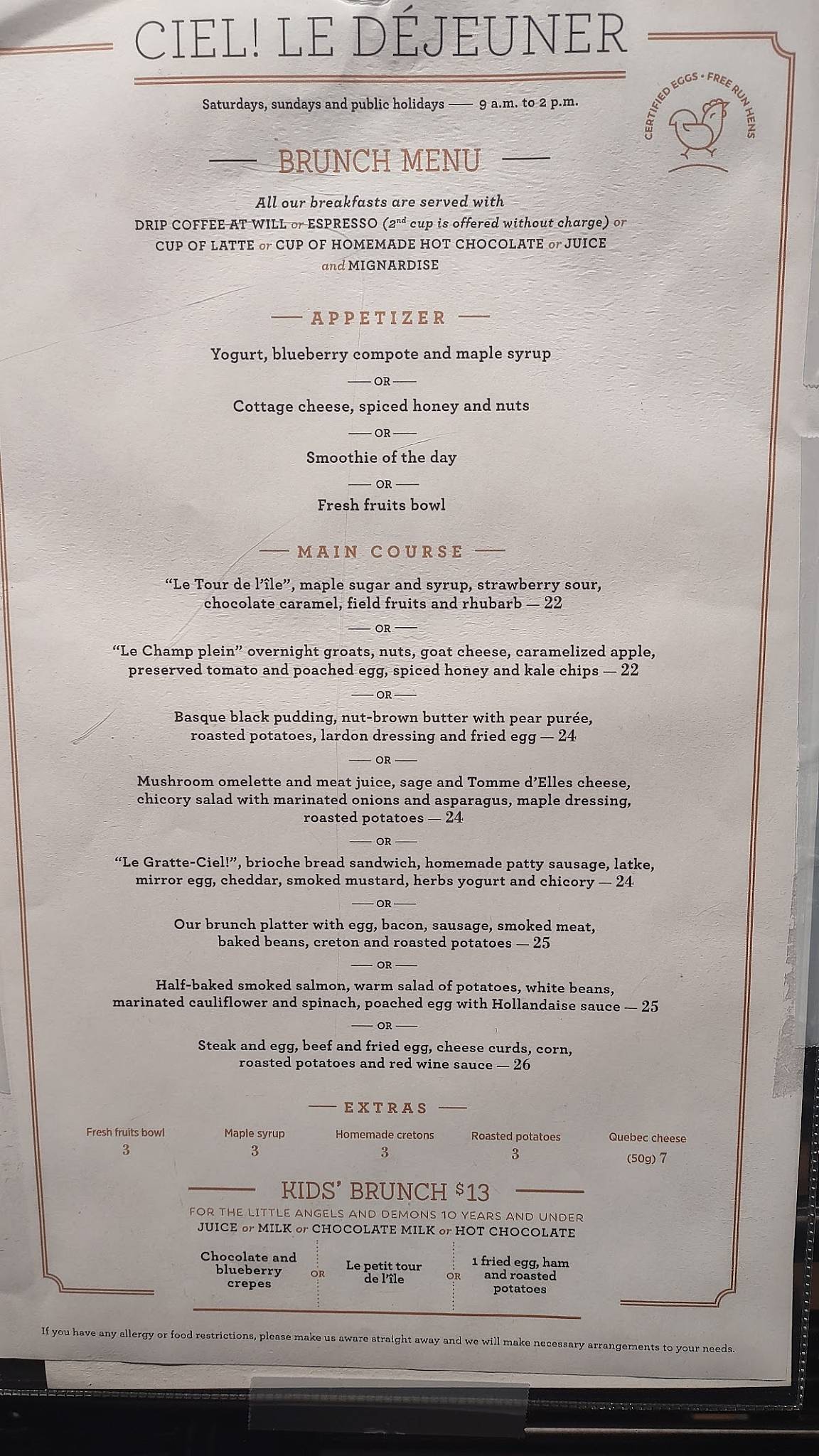 Menu au Ciel! Bistro Bar Tournant, Québec