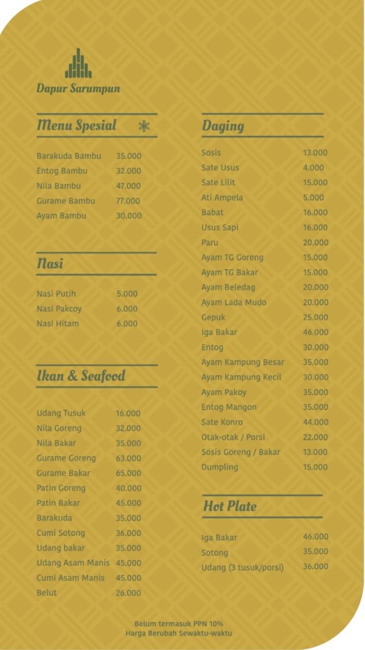 Menu at RM Dapur Sarumpun restaurant, Soreang