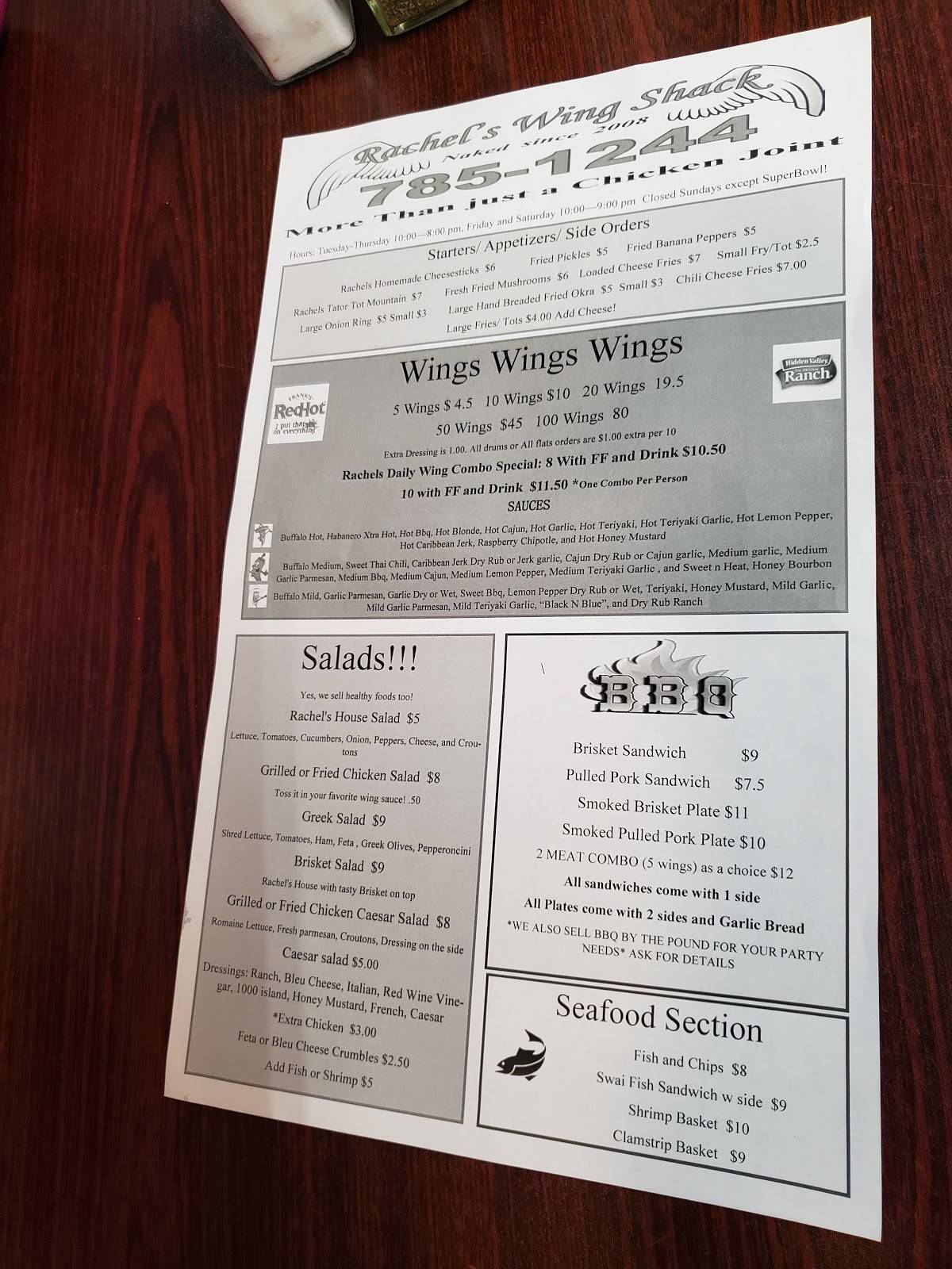 Menu at Rachel's wingshack restaurant, DeLand