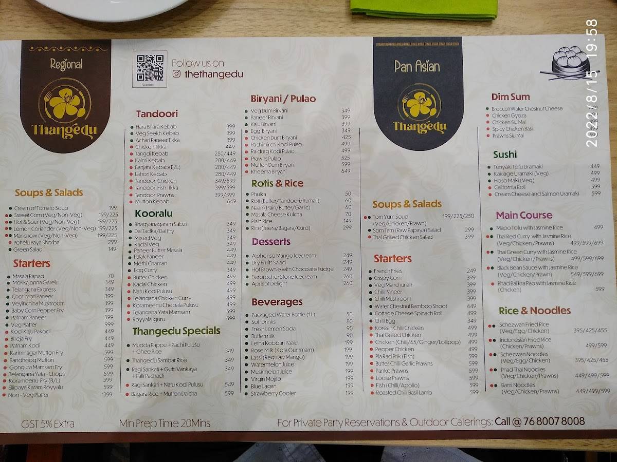 Menu at Thangedu, Rai Durg