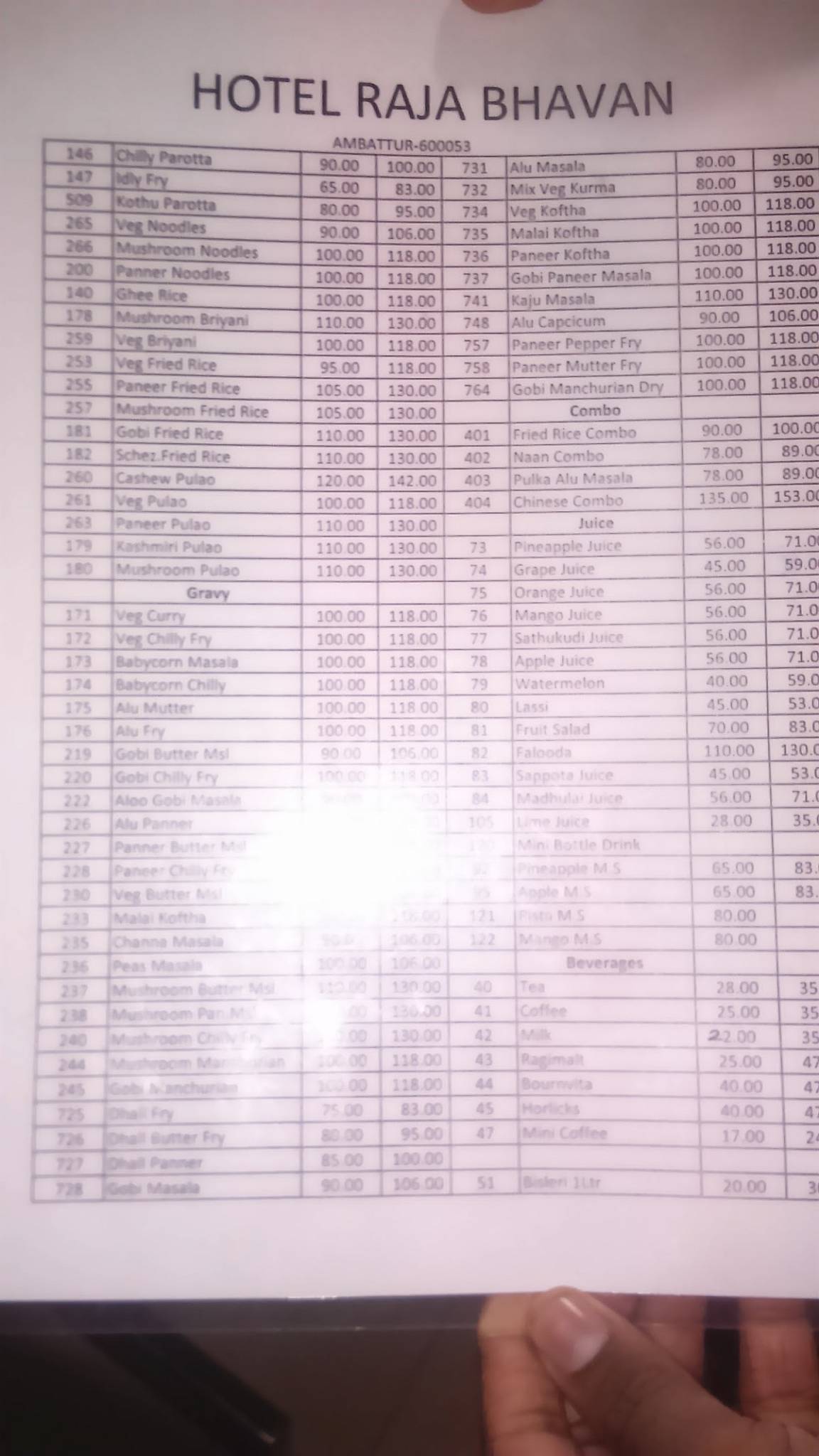 Menu at Raja Bhavan, Chennai, 44CX+2WF