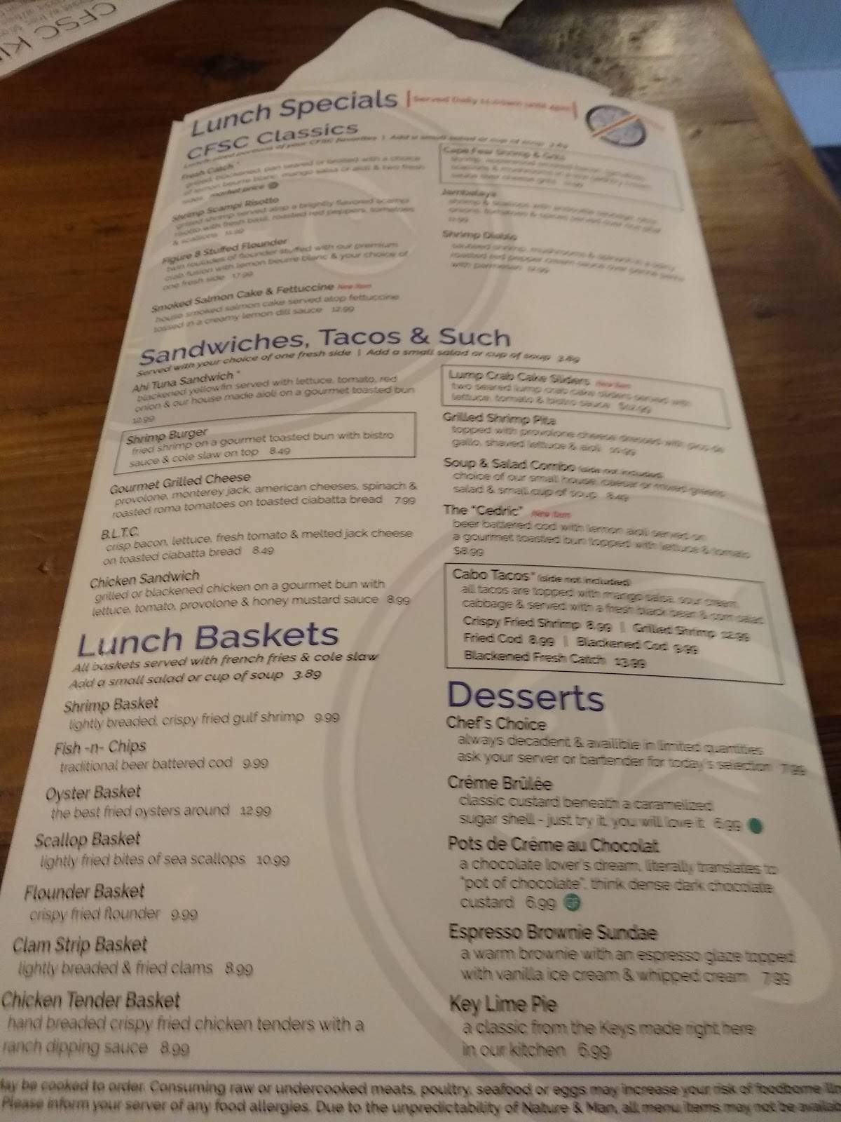 Menu at Cape Fear Seafood Company restaurant, Raleigh, 832 Spring Forest Rd