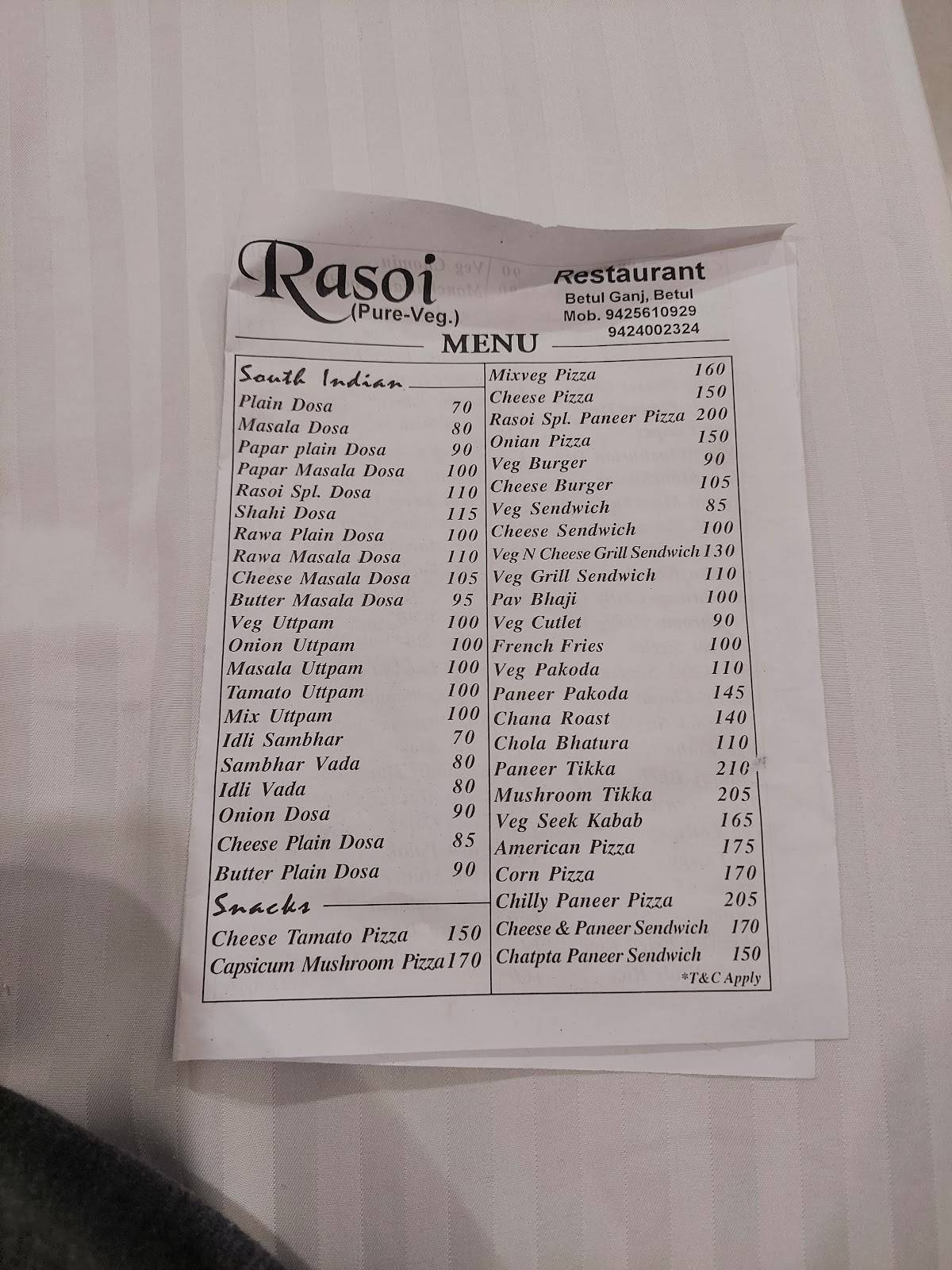 Menu at Rasoi Restaurant, Betul, Civil Lines