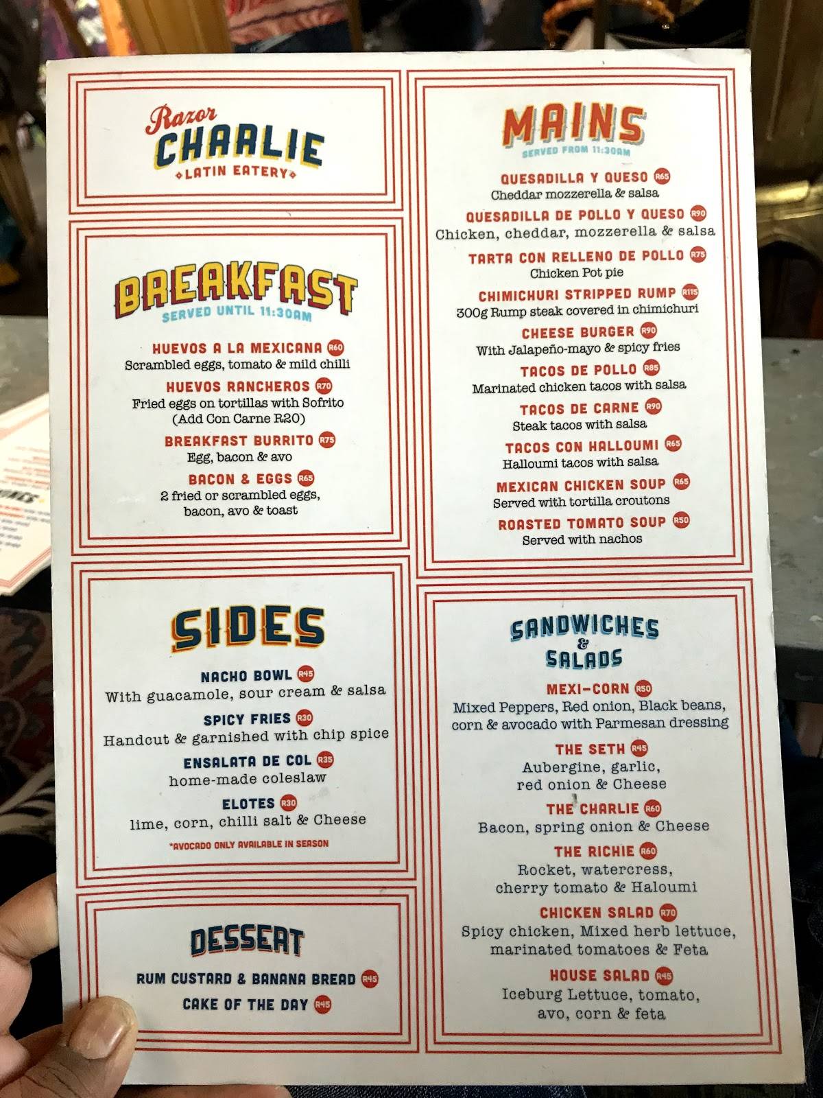 Menu at Razor Charlie restaurant, Sandton, 6 Desmond Street