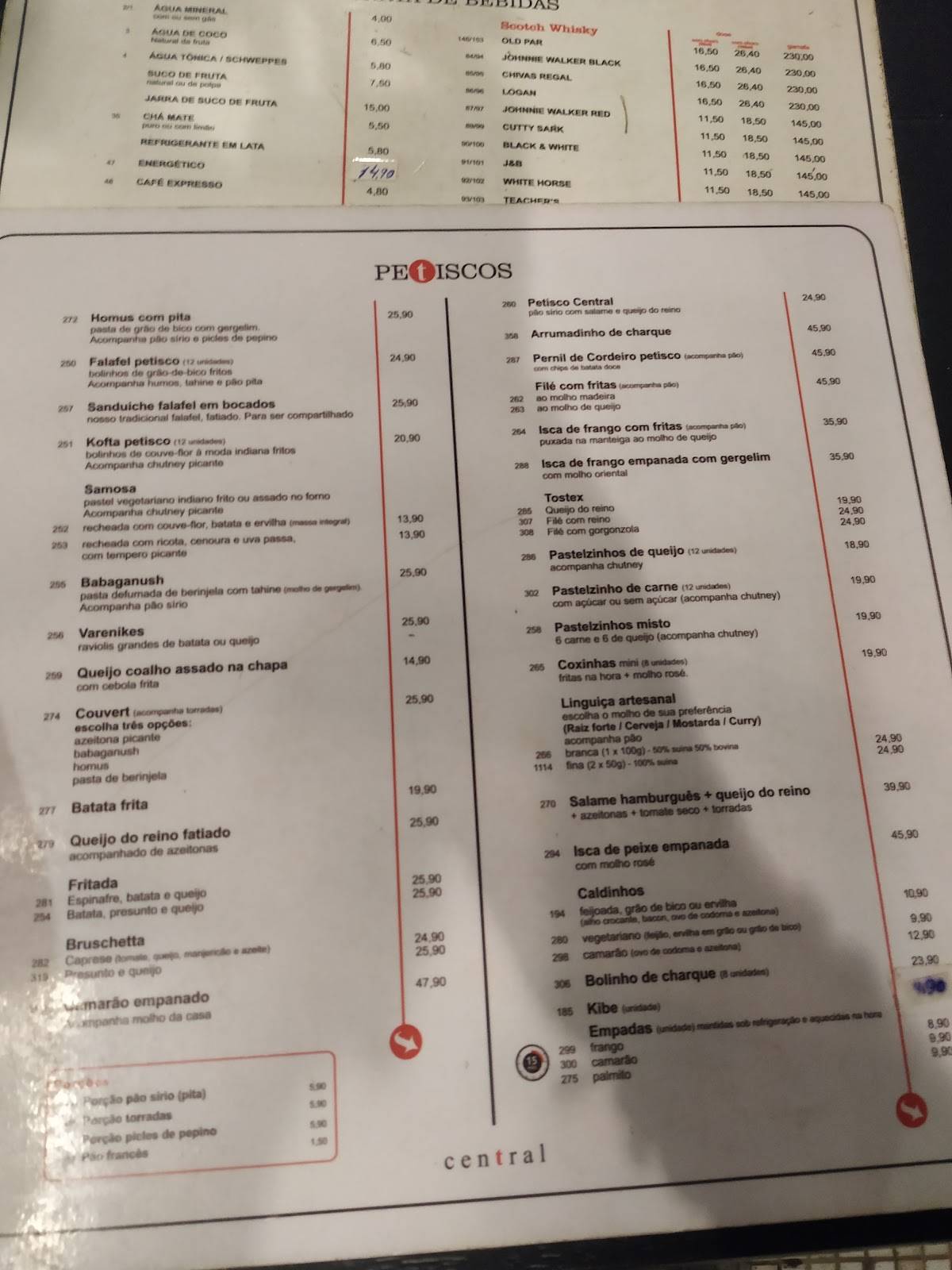 Menu em Bar Central, Recife, Rua Mamede Simões