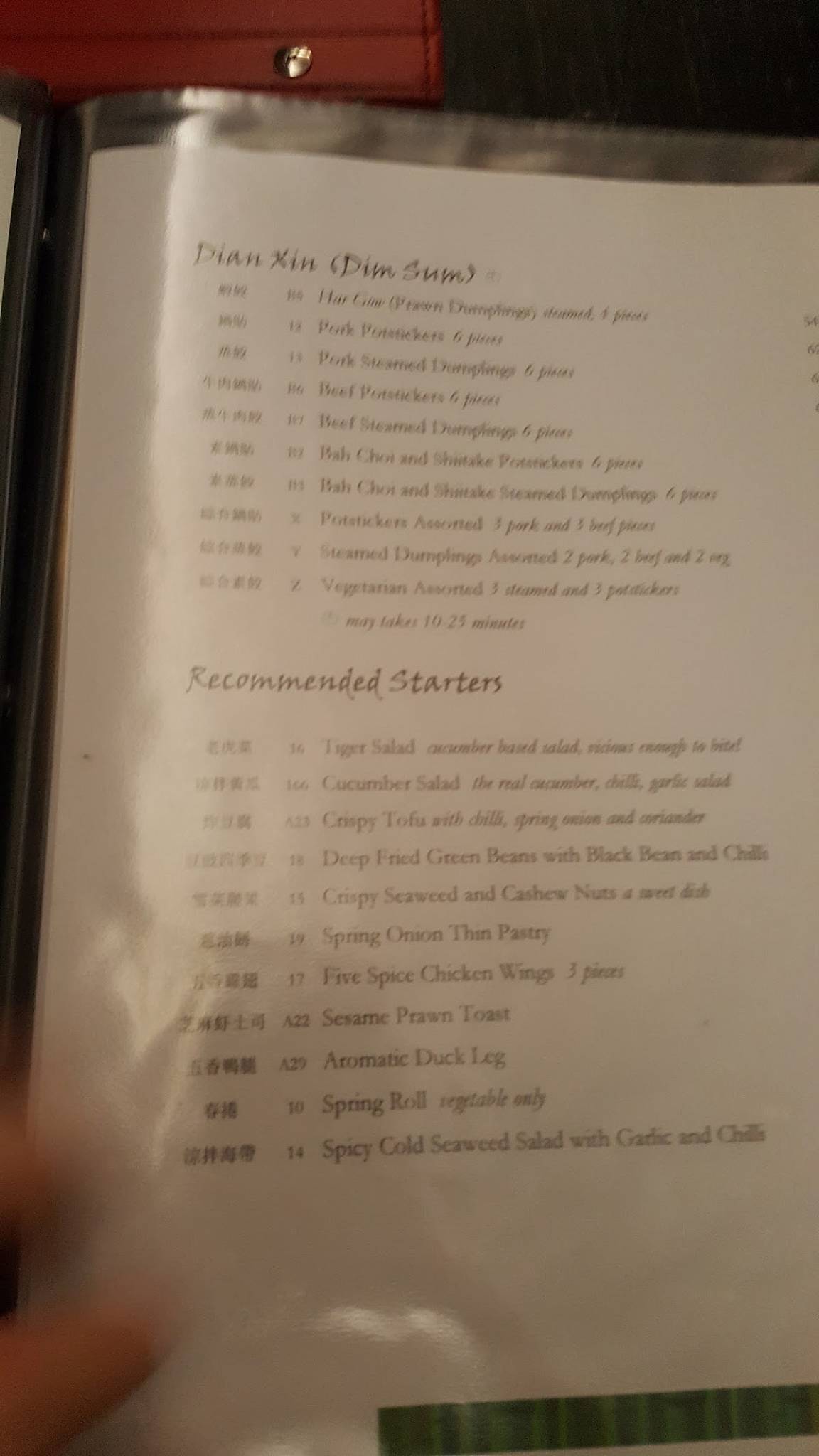 Menu at Red Chamber restaurant, Johannesburg