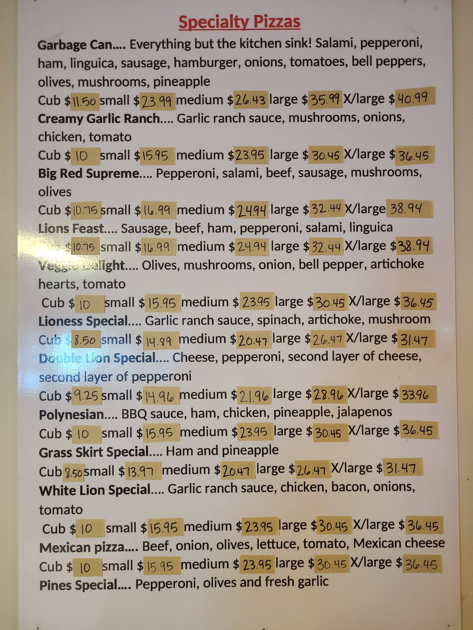 Menu at Red Lion Pizza pizzeria, Magalia