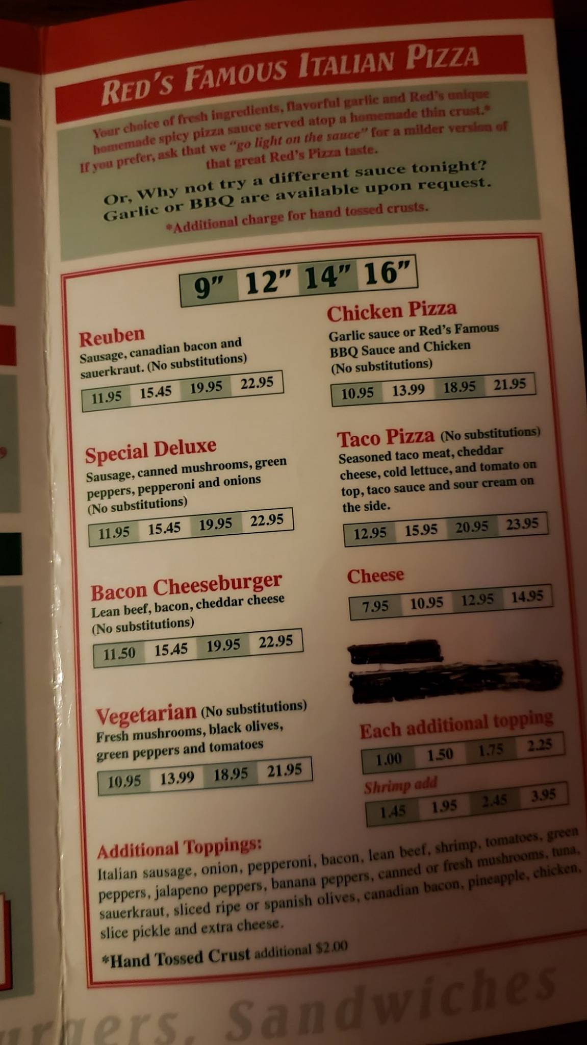 Menu at Red's Pizza & Catering pizzeria, Oshkosh