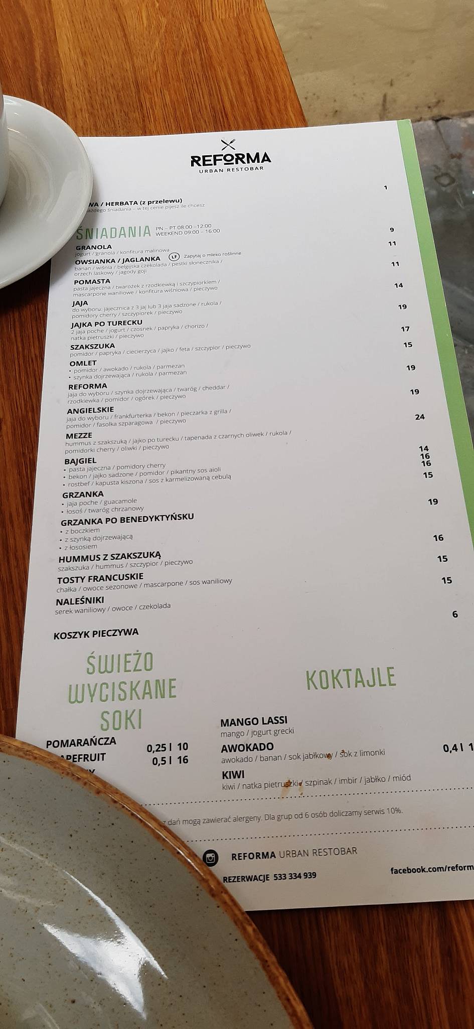 Menu at Reforma Urban restaurant, Warsaw