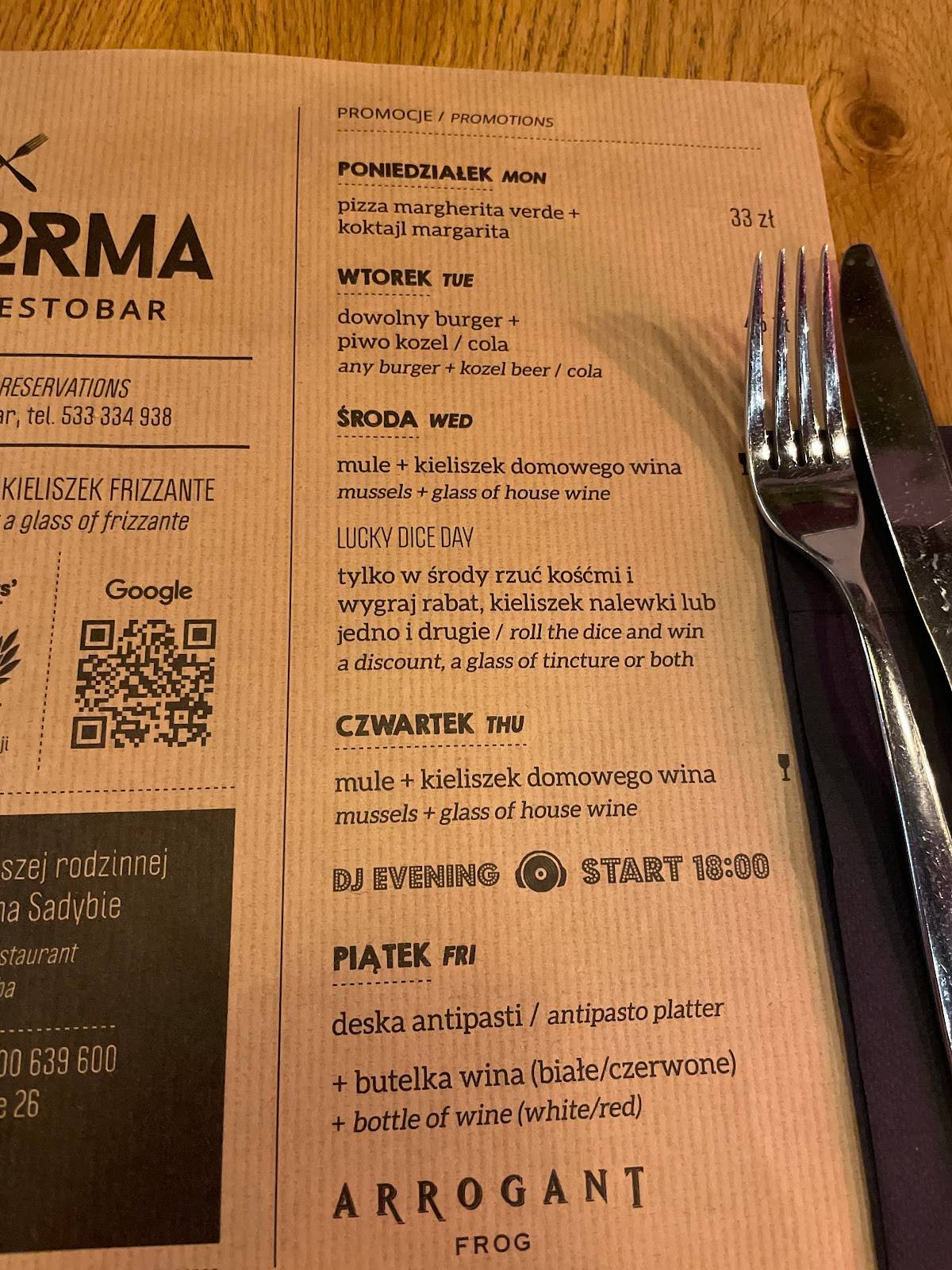 Menu at Reforma Urban restaurant, Warsaw