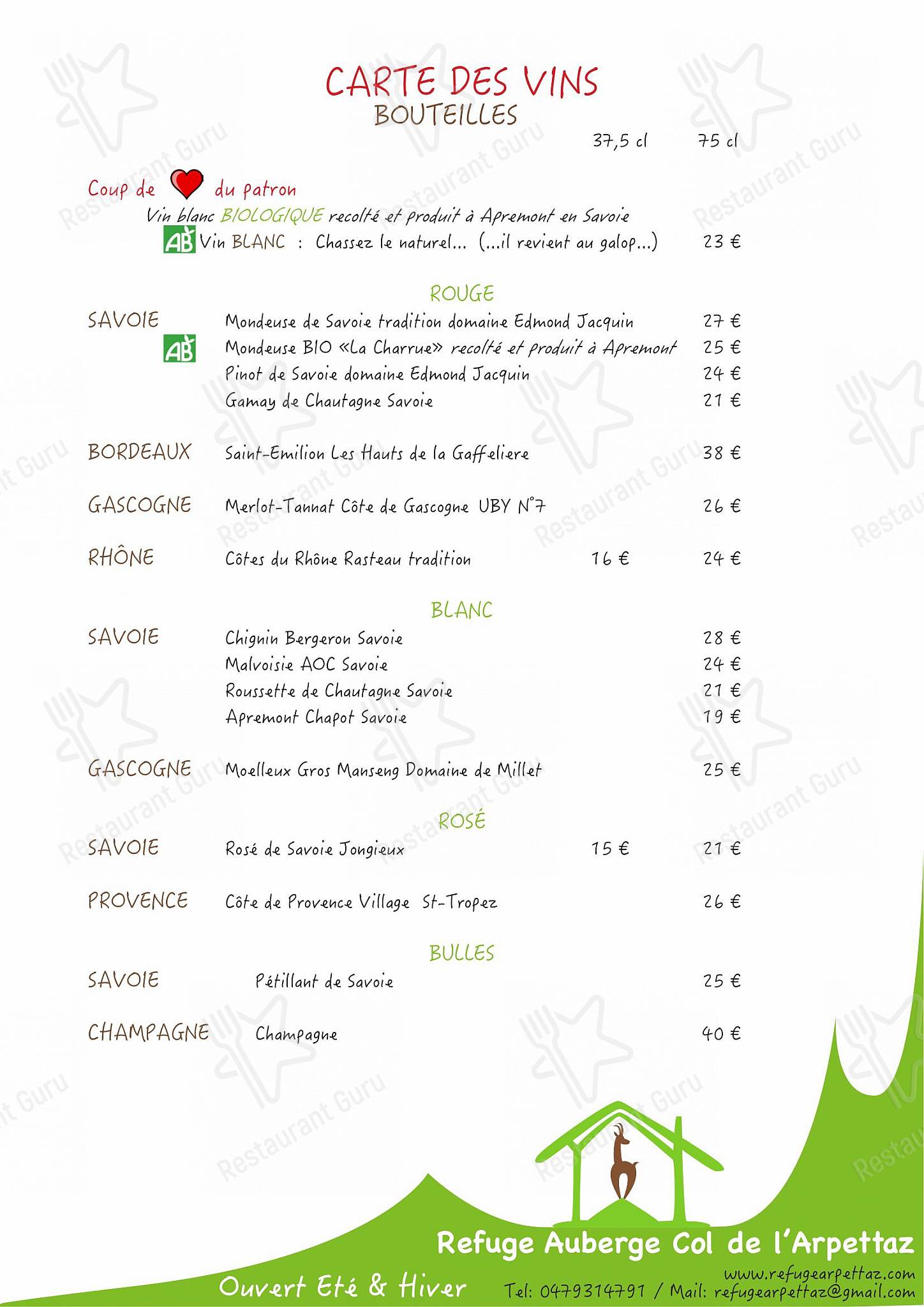 Menu au Refuge Auberge du Col de L'Arpettaz pub et bar, Ugine