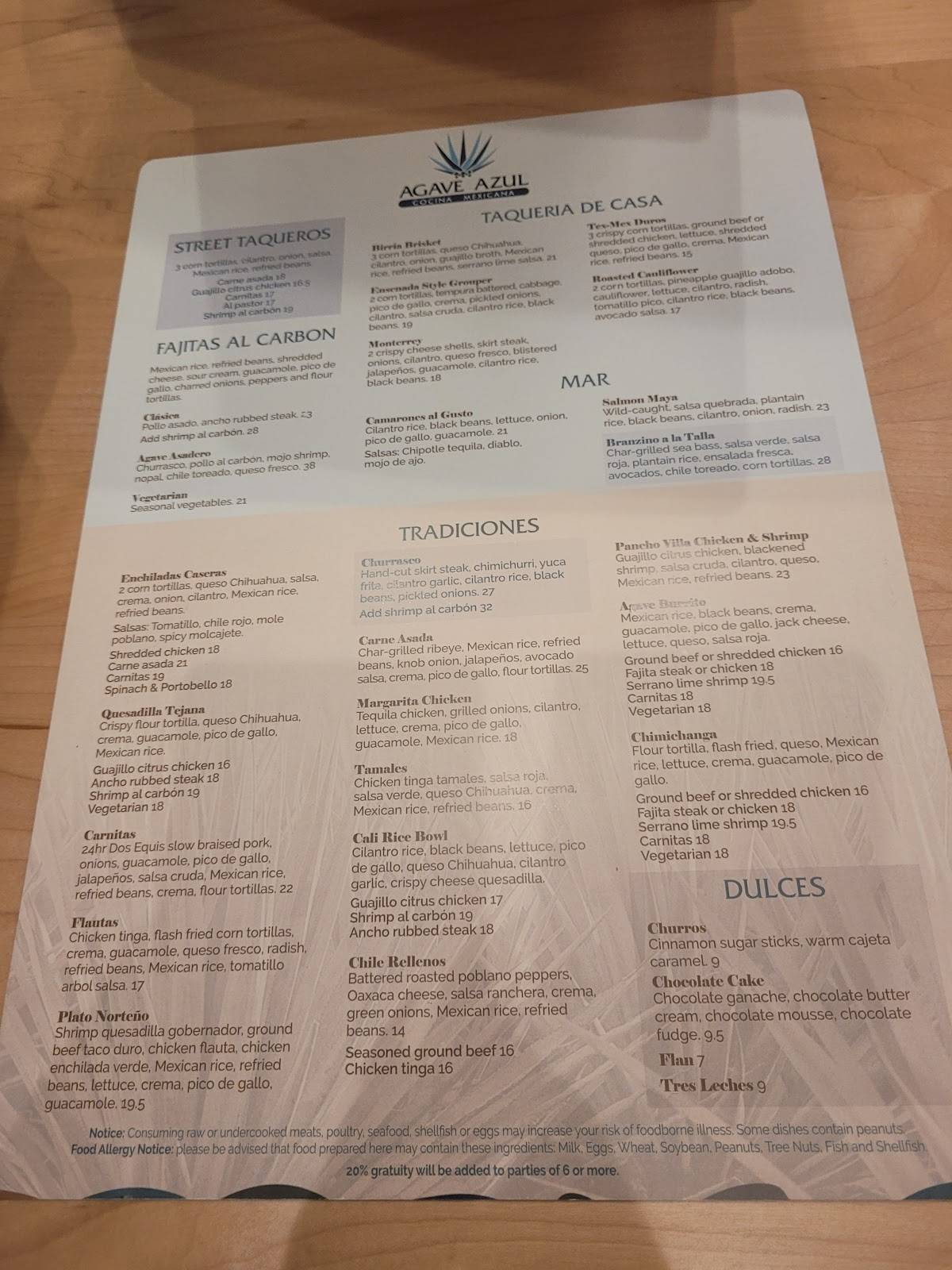 Menu at Agave Azul Kirkman restaurant, Orlando