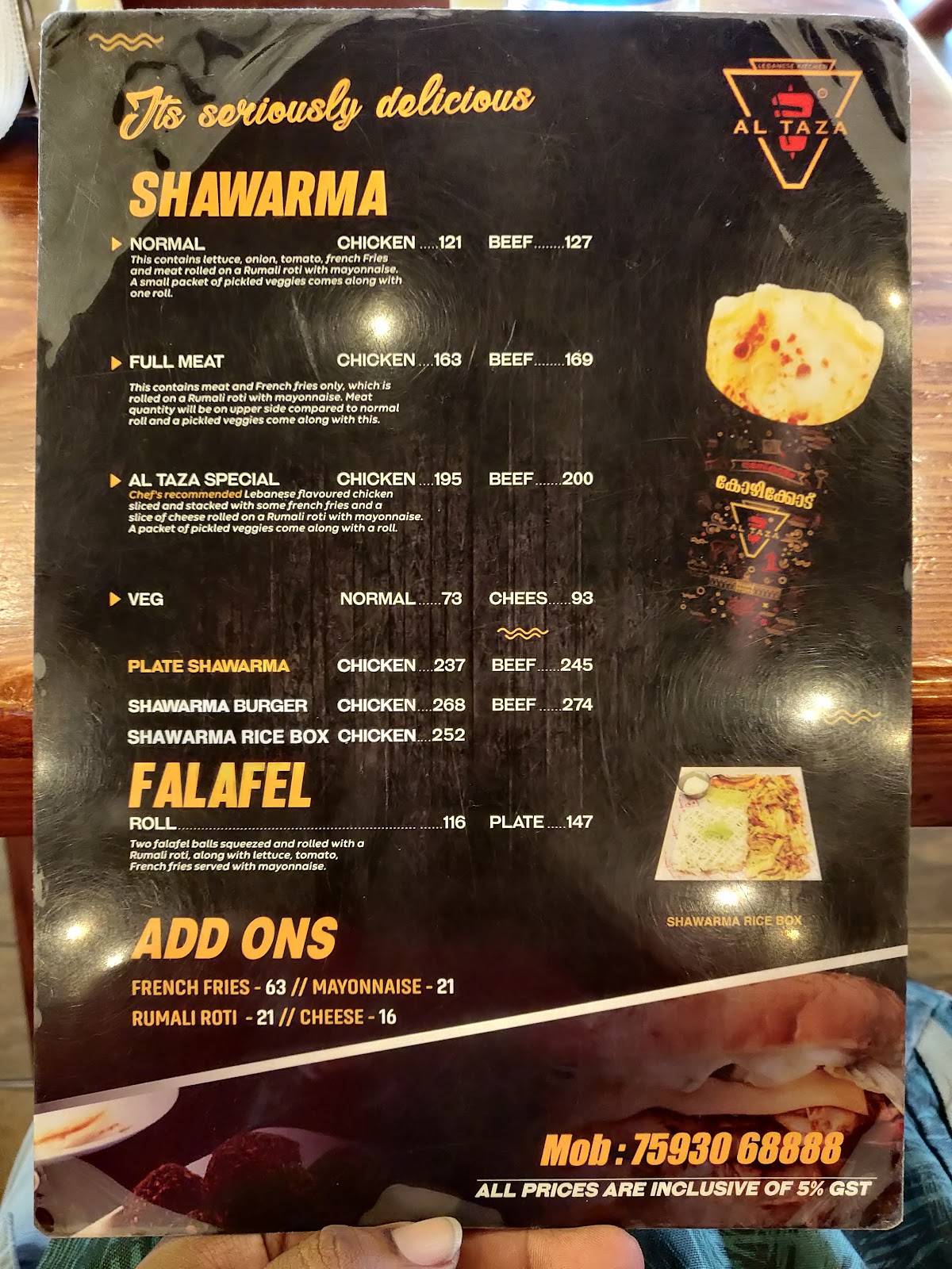 Menu at Al Taza - Kozhikode, Kozhikode