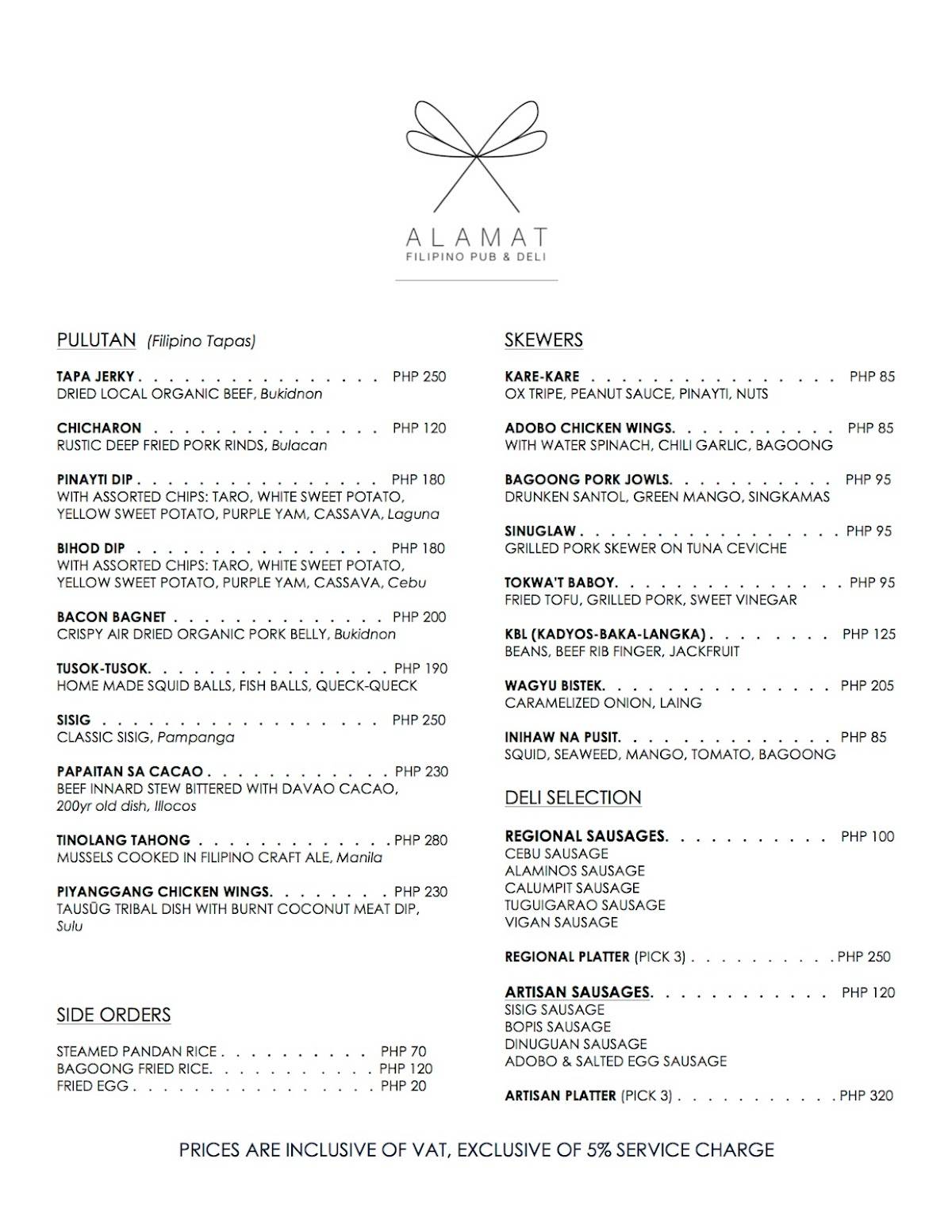 Menu at Alamat Filipino Cuisine pub & bar, Makati