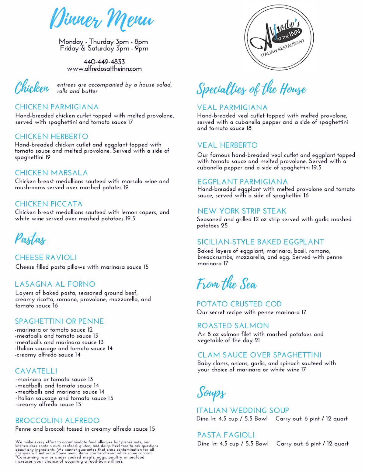 Menu at Alfredo's At the Inn Italian Restaurant, Mayfield