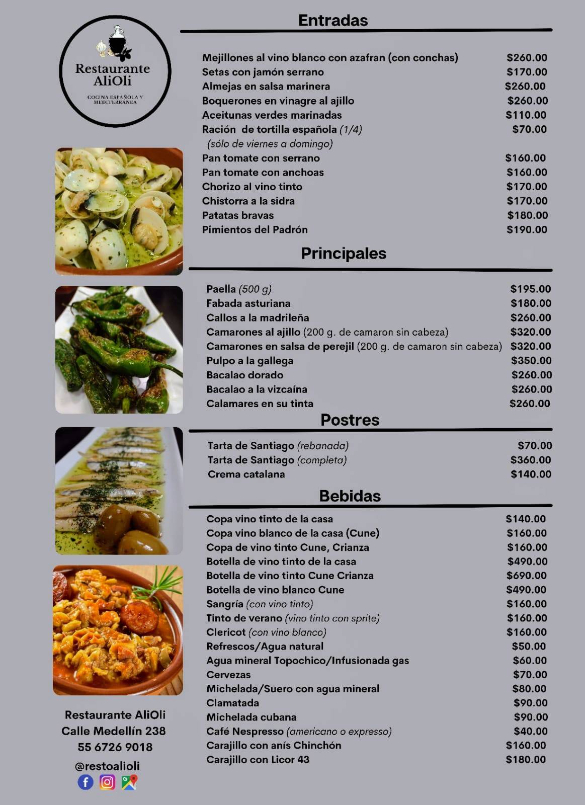 Carta de Restaurante AliOli, Ciudad de México, Medellín 238