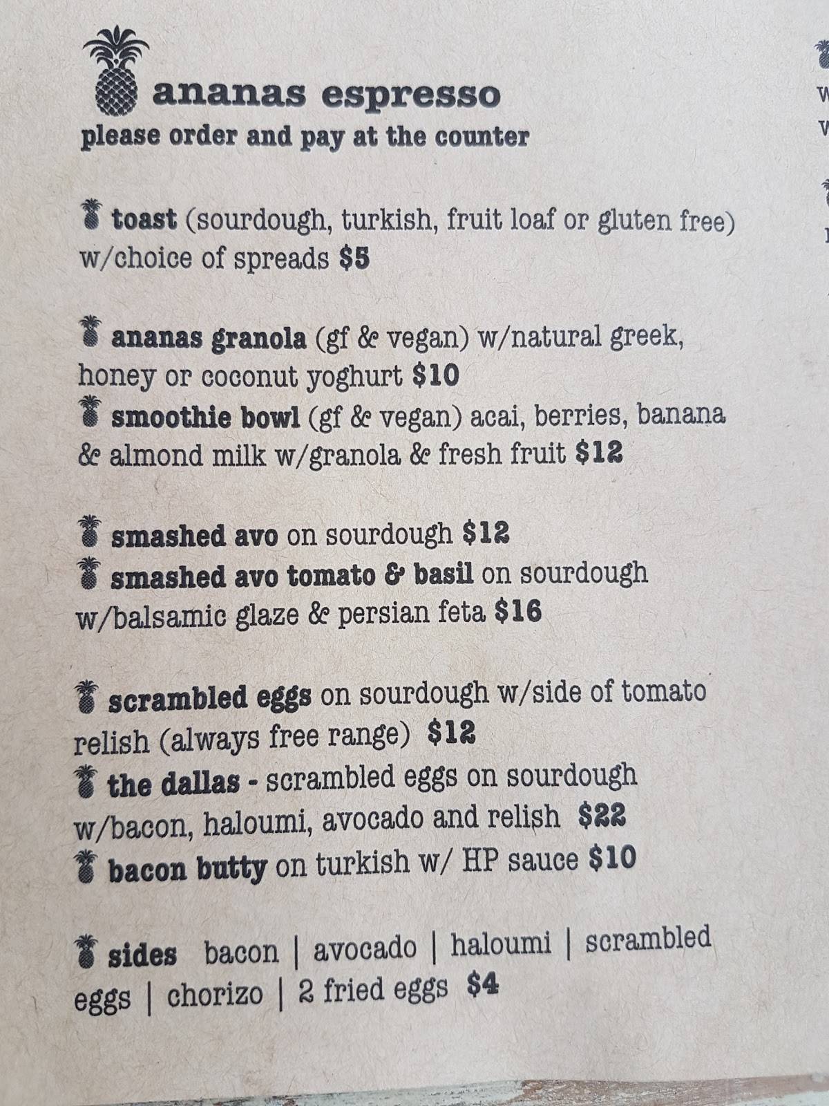 Menu at Ananas Espresso restaurant, Sherwood