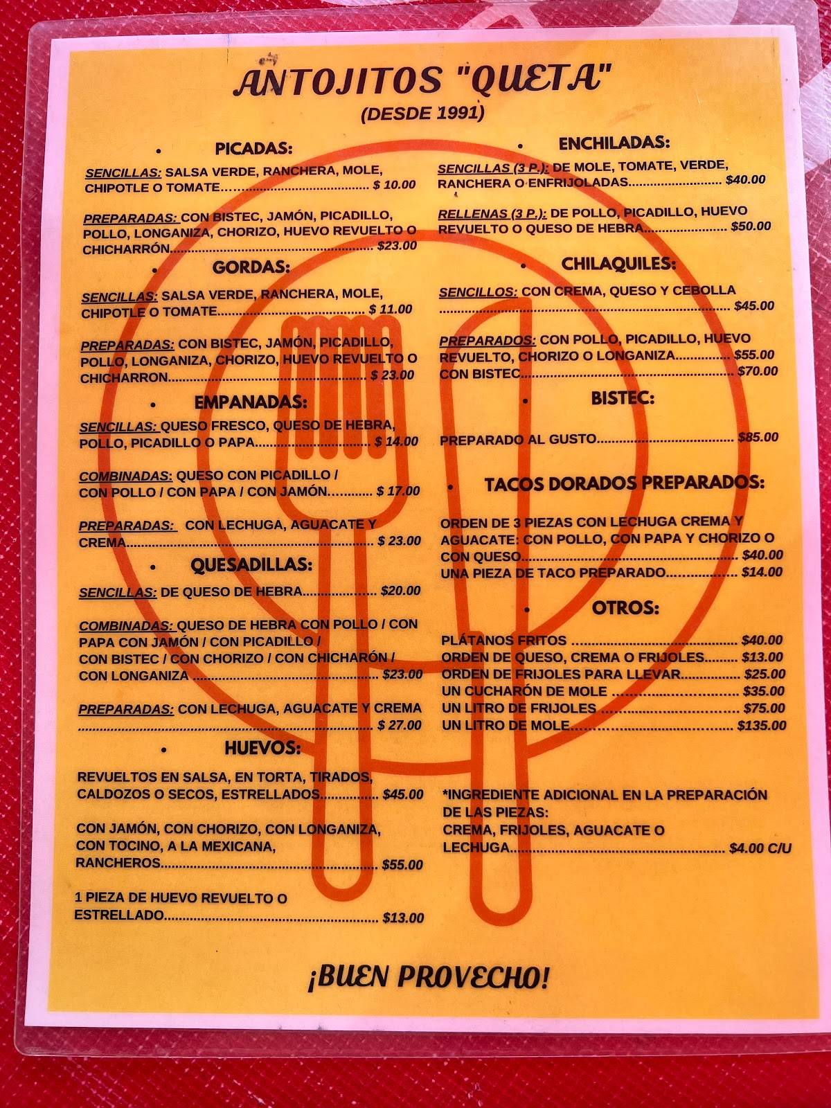 Menu at Antojitos Queta restaurant, Veracruz