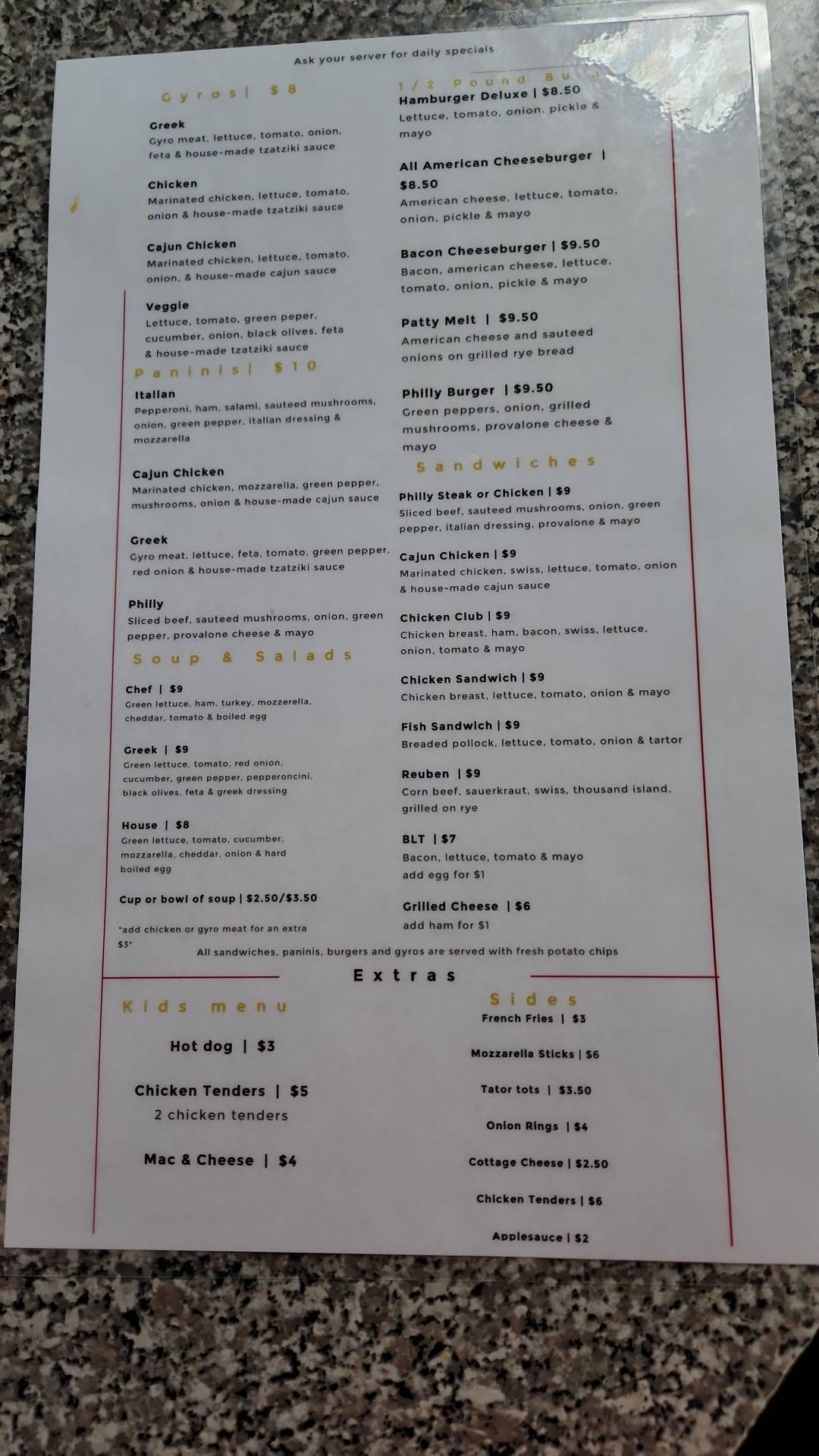 Menu at Ari's Diner restaurant, Columbus